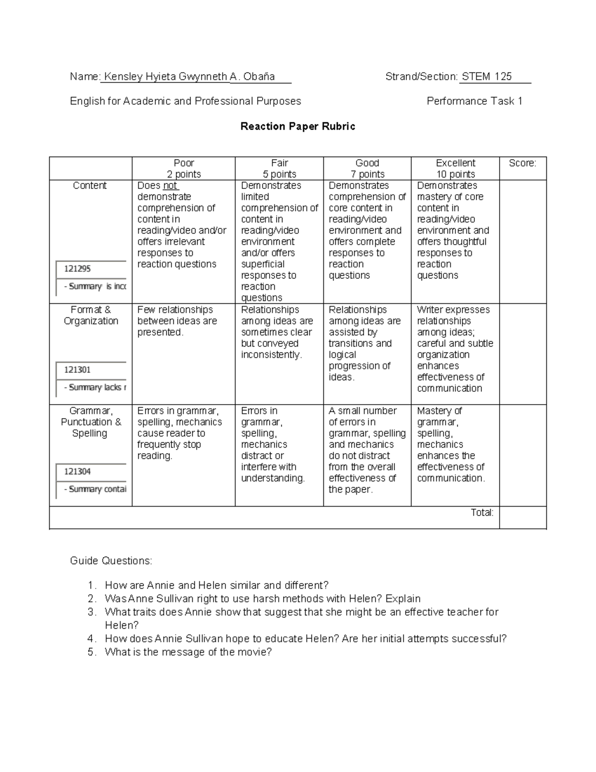 Reaction Paper on "The Miracle Worker" - English for A&P - STEM 125 ...