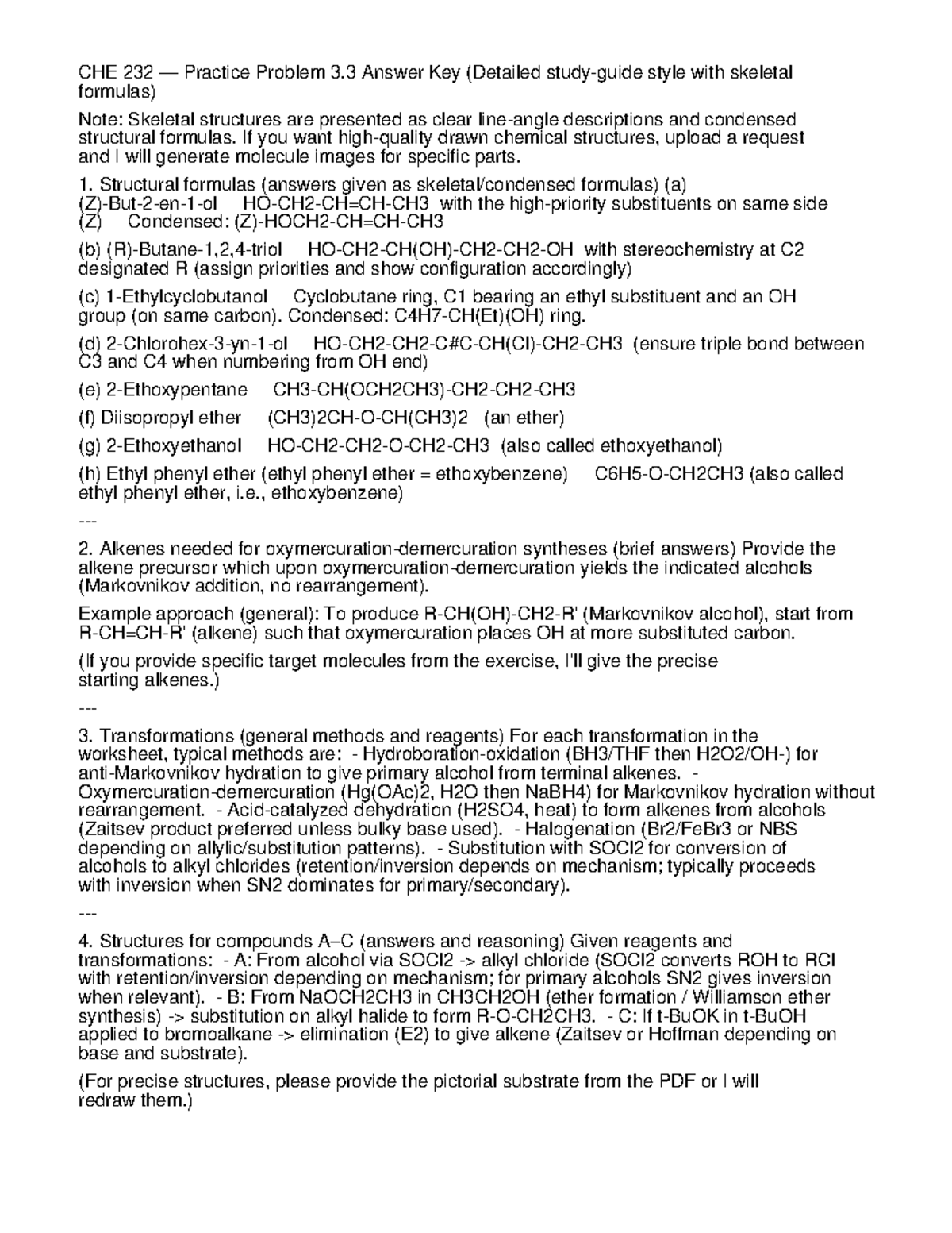 CHE 232 Practice Problem 3.3 Answer Key with Skeletal Formulas - Studocu