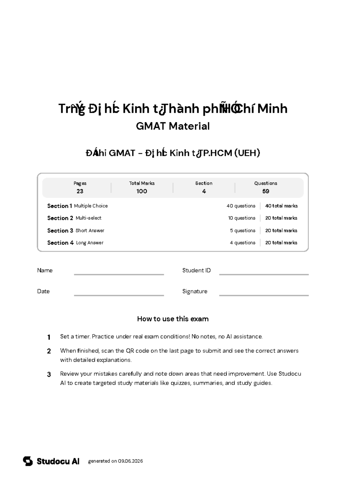Đề thi GMAT - Đại học Kinh tế TP.HCM (UEH) - Studocu