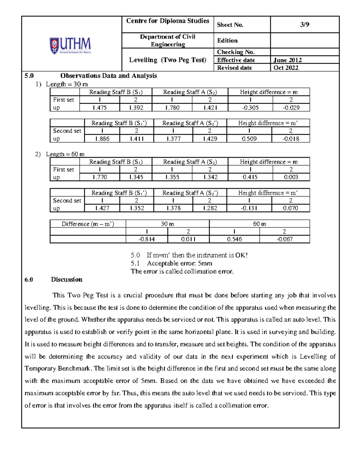 Lab Report: Levelling (Two Peg Test) - Civil Engineering (CIV 101 ...