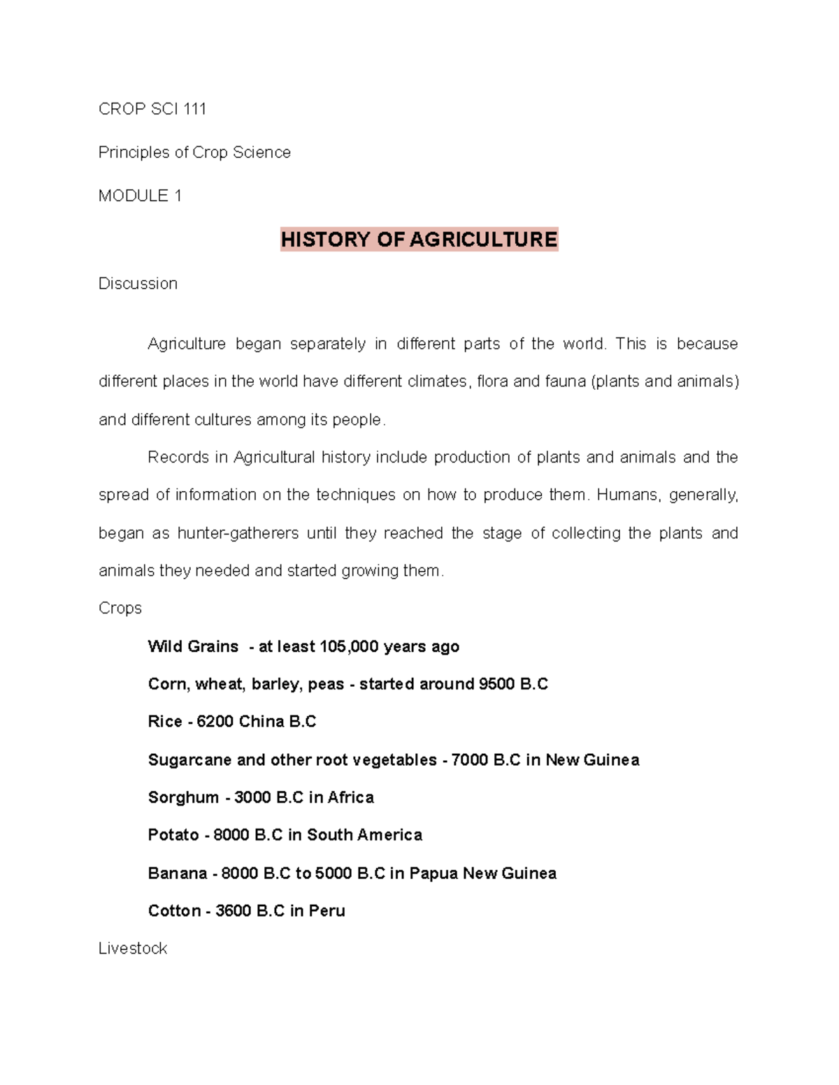 History of Agriculture: CROP SCI 111 Module 1 Lesson 2 Overview - Studocu