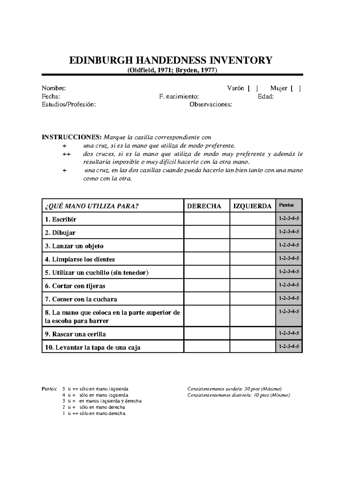 Cuestionario - Test de lateralidad - EDINBURGH HANDEDNESS INVENTORY ...