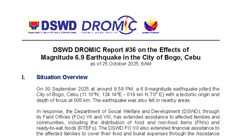 DSWD DROMIC Report: Impact of 6.9 Magnitude Earthquake in Bogo, Cebu ...
