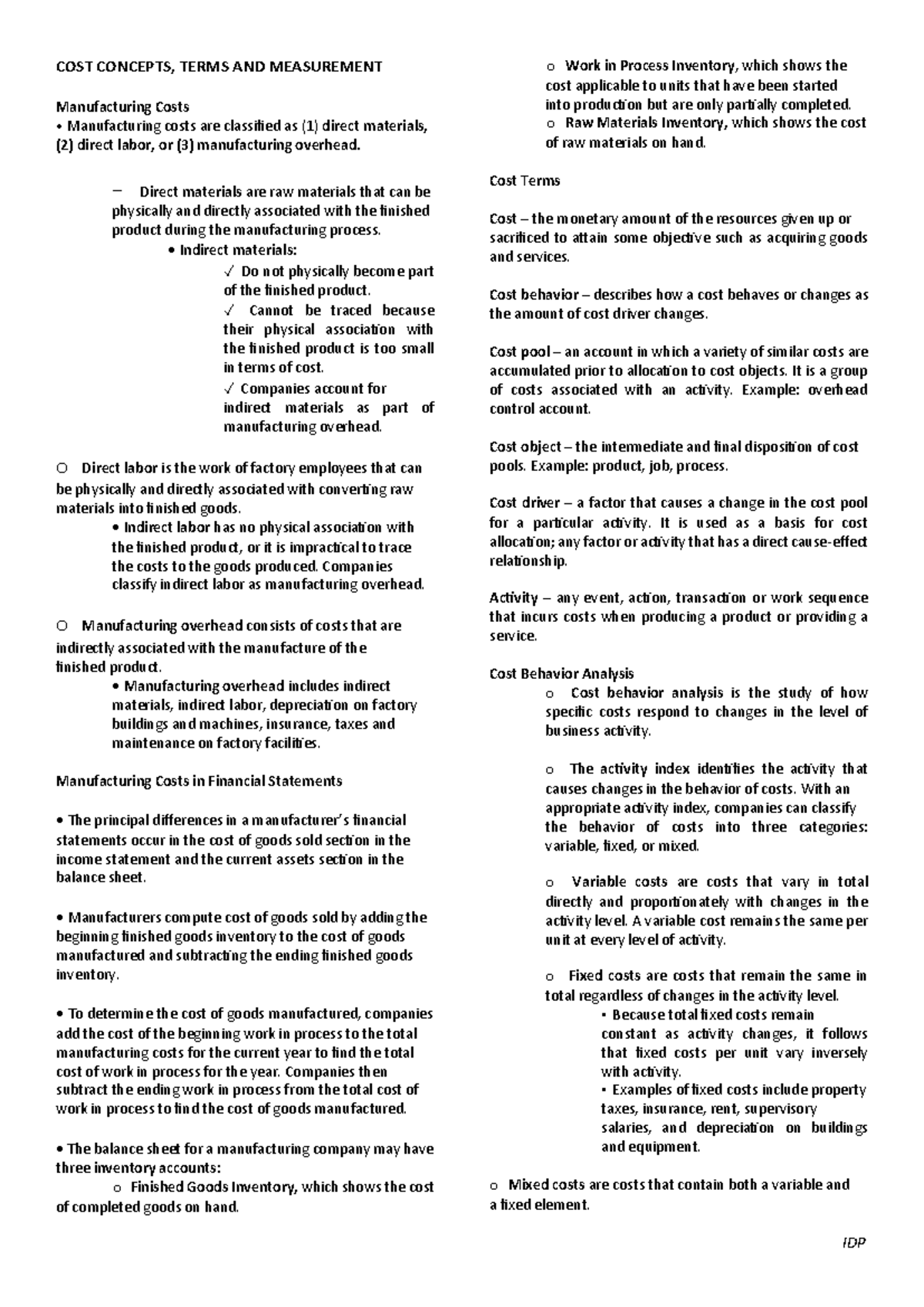 ACC 213 Review Notes on Manufacturing Costs and Cost Behavior - Studocu