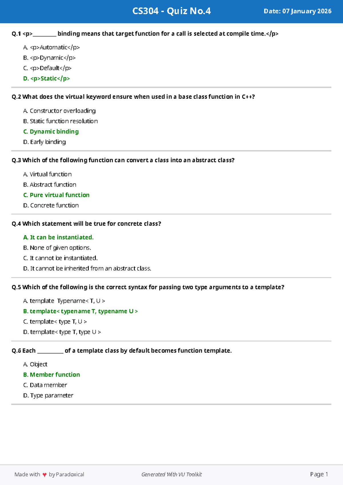 CS304 Quiz No.4 - Dynamic Binding and Templates Concepts - Studocu