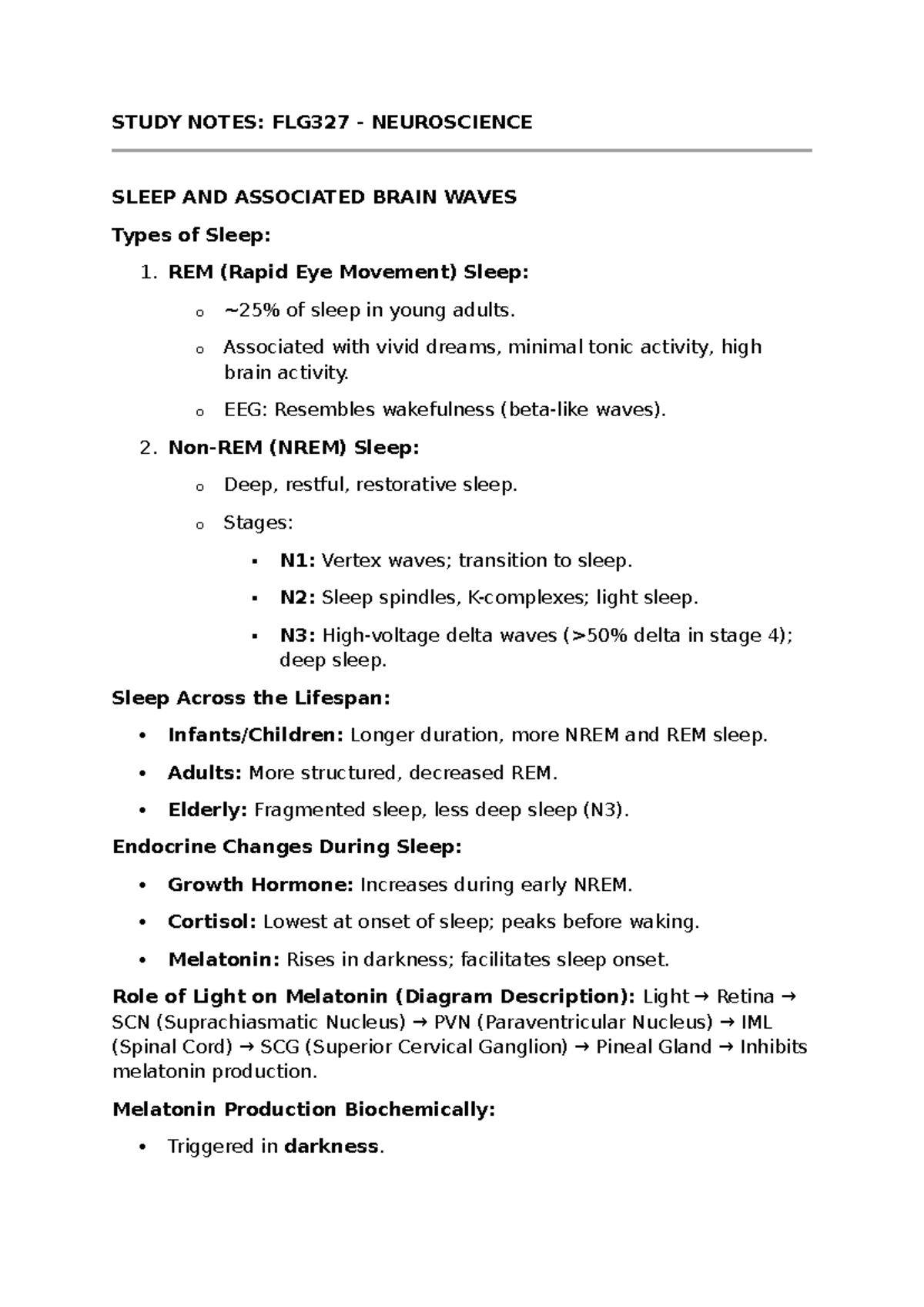 STUDY NOTES: FLG327 NEUROSCIENCE ON SLEEP, PLASTICITY & IMMUNITY - Studocu