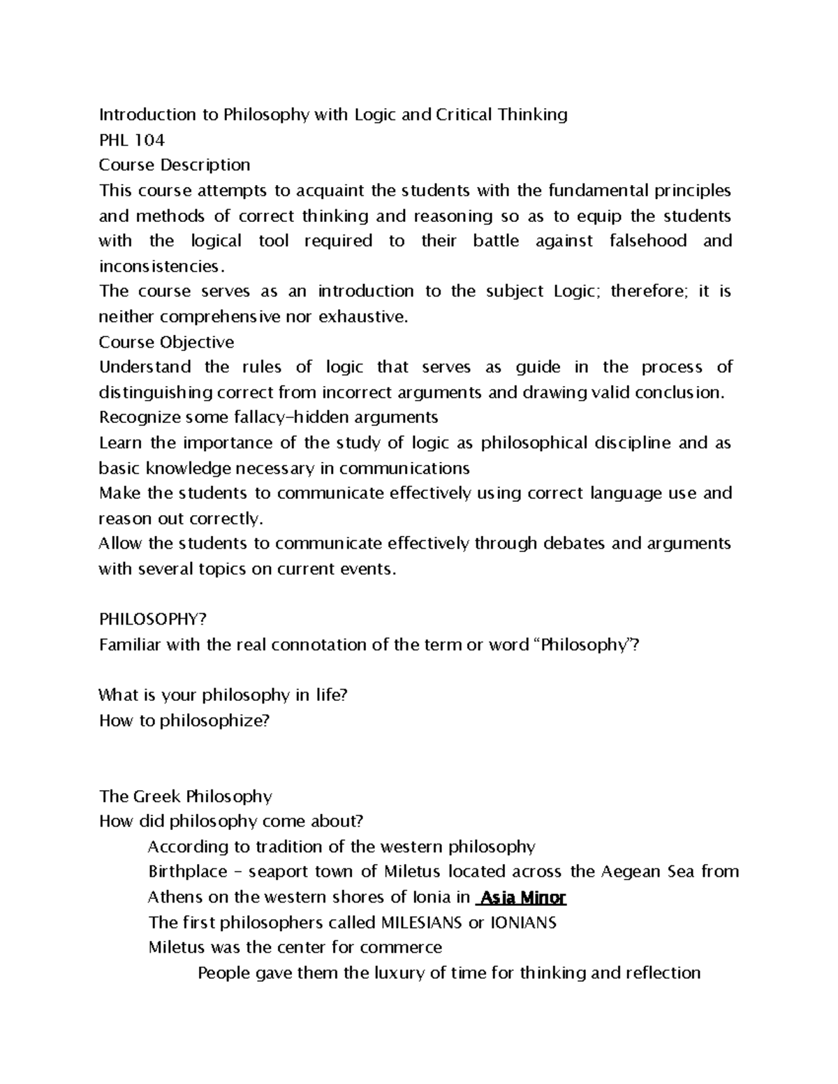Introduction to Philosophy: Logic & Critical Thinking Notes PHL 104 ...