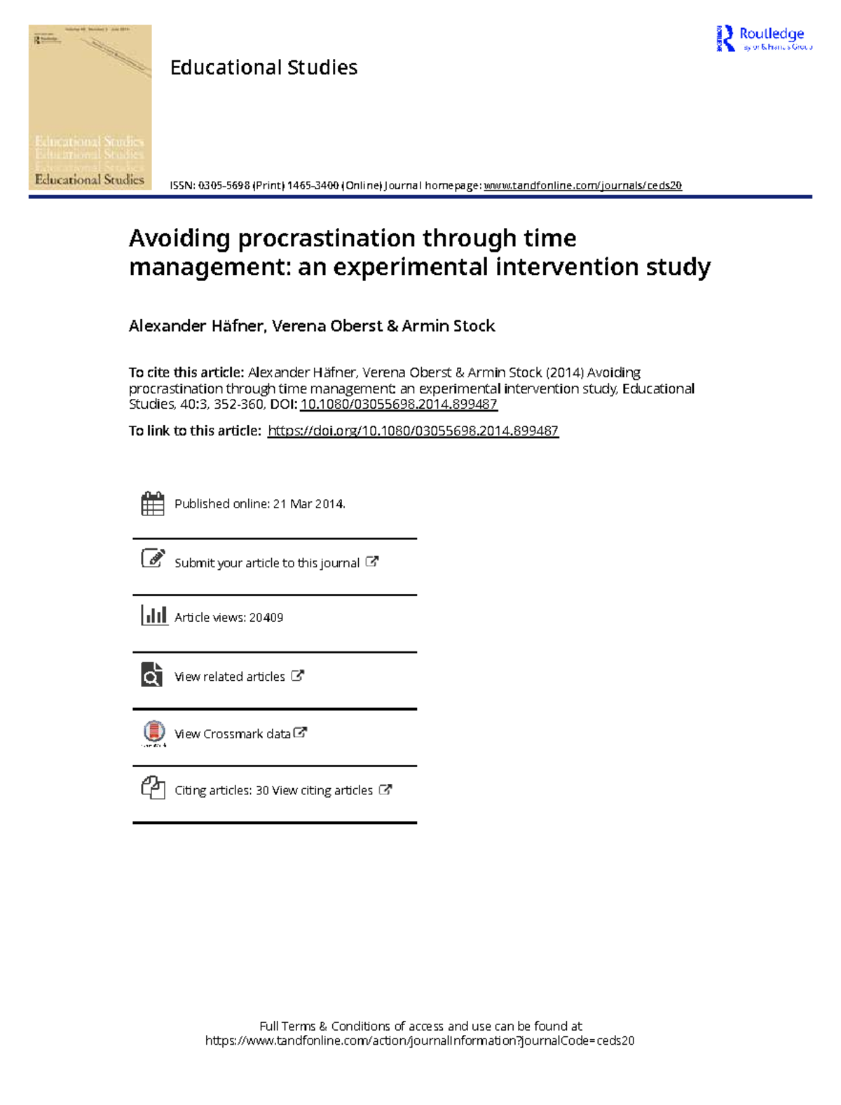Avoiding Procrastination: Time Management Intervention Study (EDU 40:3 ...