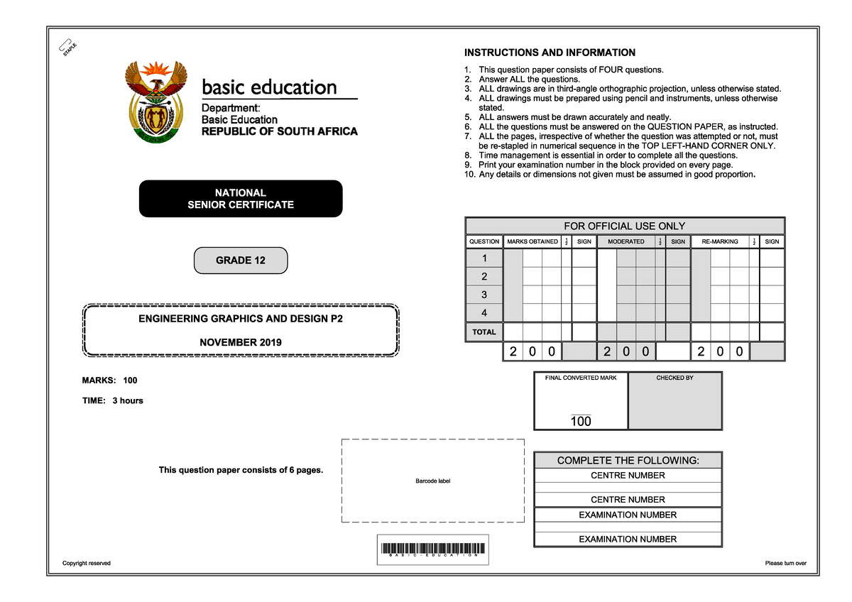 Engineering Graphics and Design P2 Exam Paper & Memo - Nov 2019 - Studocu