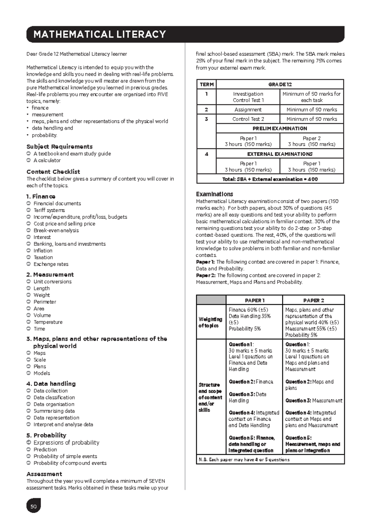 Math-Lit - Tutorial - 50 MATHEMATICAL LITERACY Dear Grade 12 ...