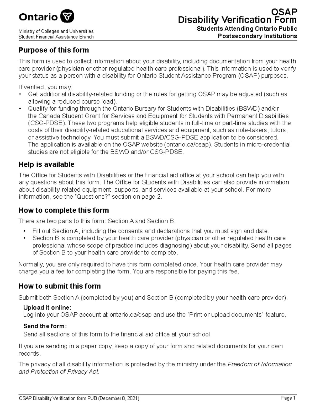 OSAP Disability Verification Form - Ministry of Colleges and ...