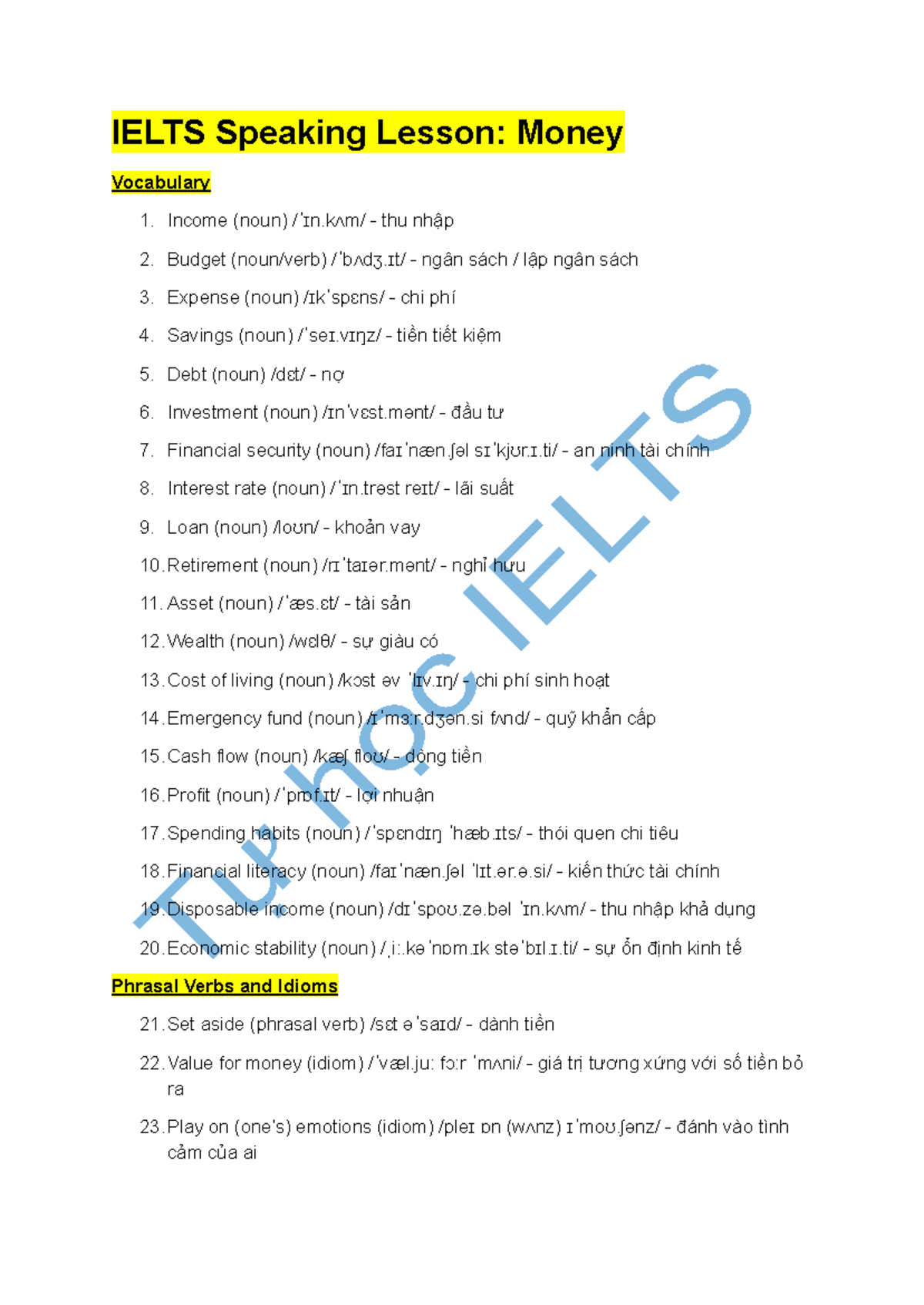 Ielts Speaking - Money - gốc - Tự học IELTS IELTS Speaking Lesson ...