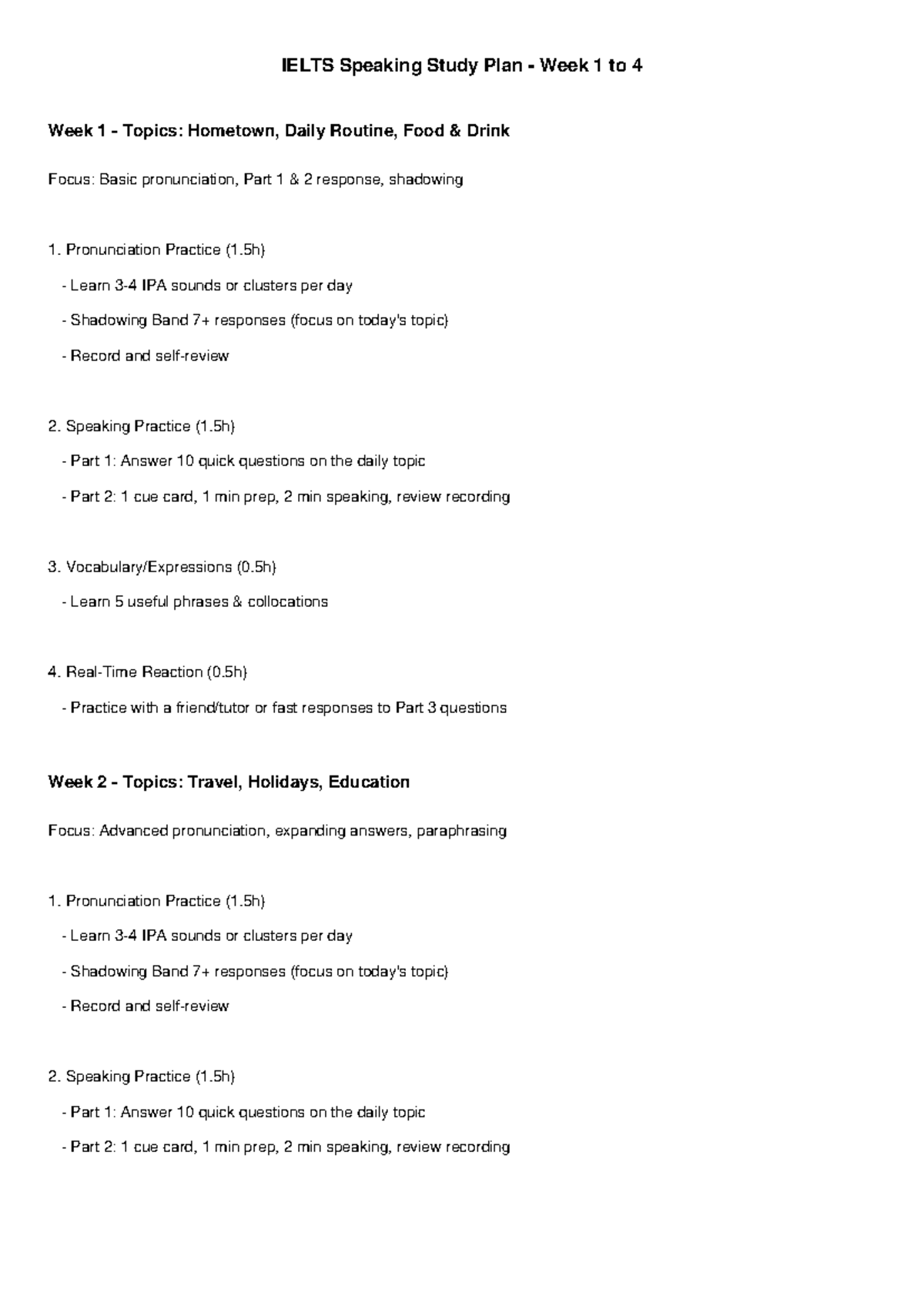 IELTS Speaking 4-Week Study Plan: Topics & Practice - Studocu