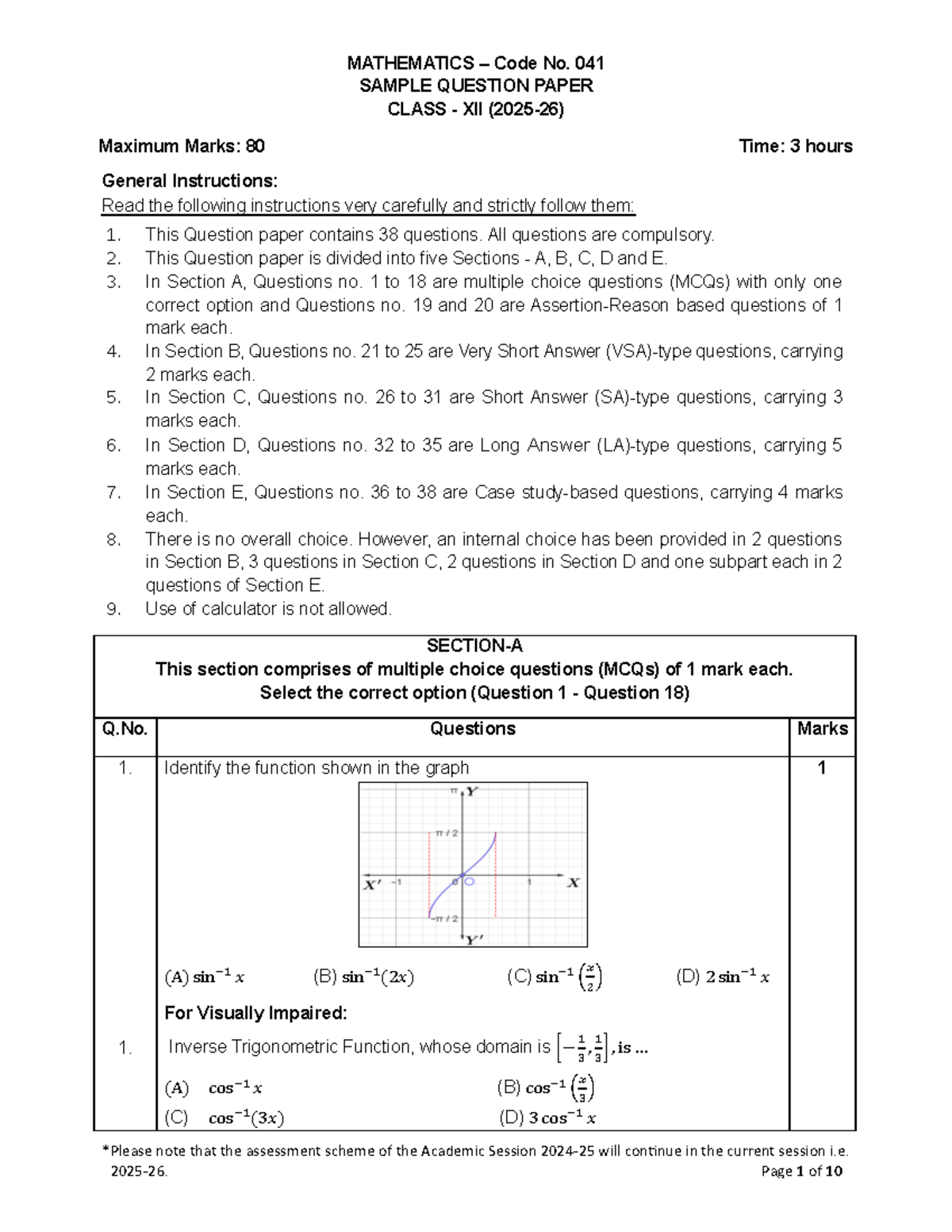 MATHEMATICS Code No. 041 SAMPLE QUESTION PAPER CLASS XII - Test - Studocu