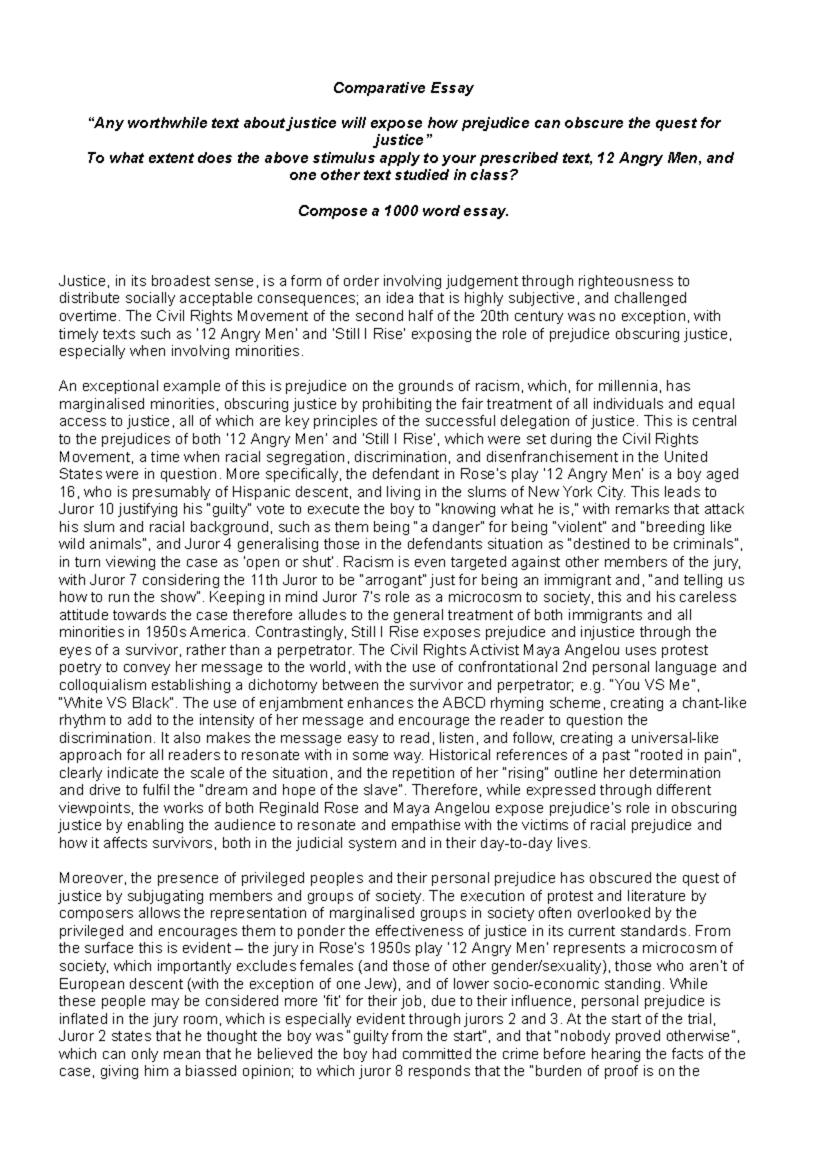 Comparative Essay: Justice and Prejudice in 12 Angry Men & Still I Rise ...