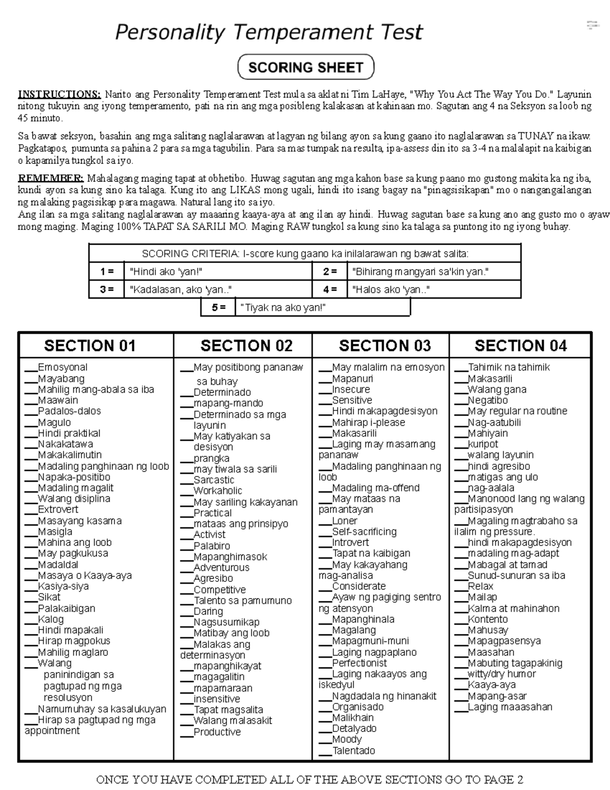 Pagsusuri ng Temperamento: Personality Temperament Test (Tagalog) - Studocu