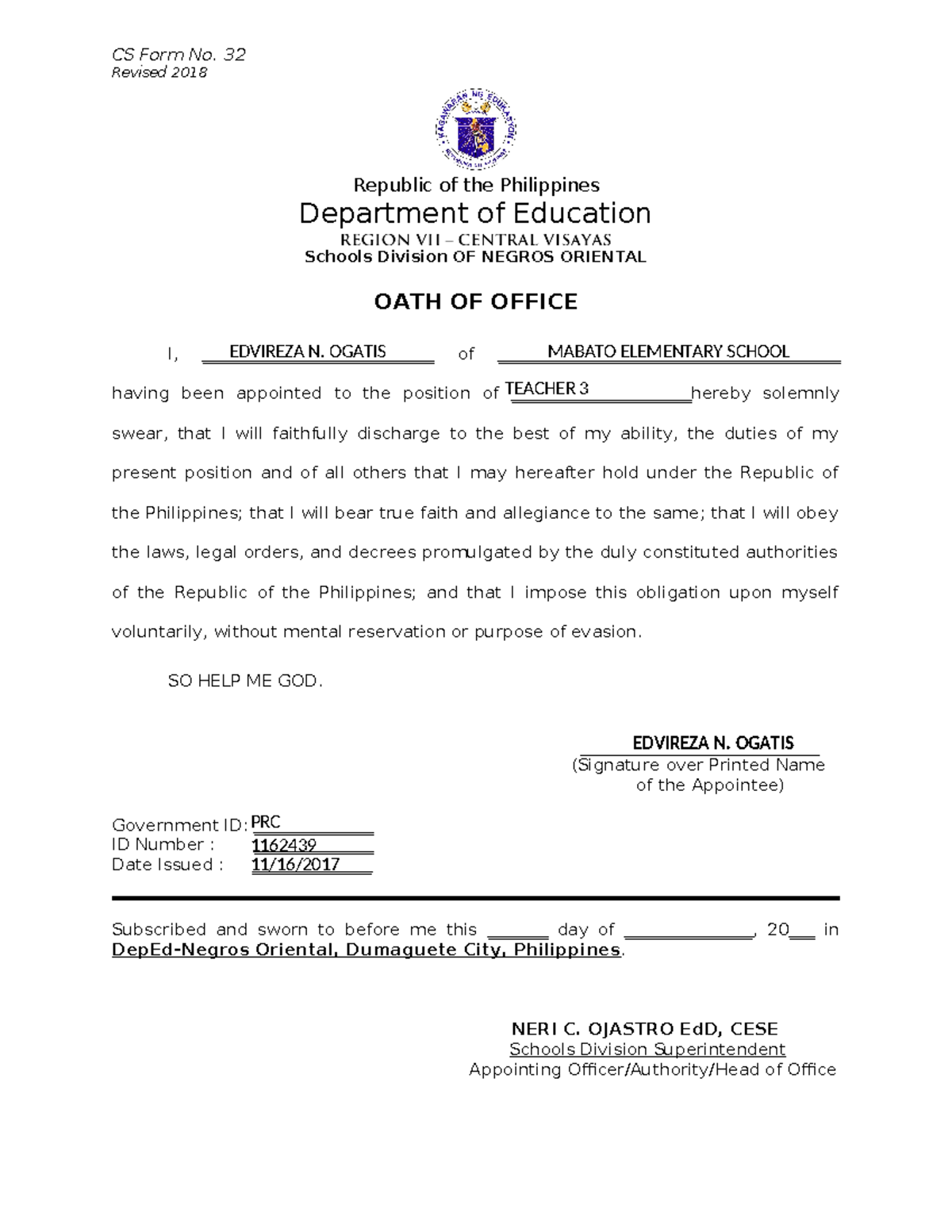 CS-Form-No. 32: Oath of Office for Educators in Negros Oriental - Studocu