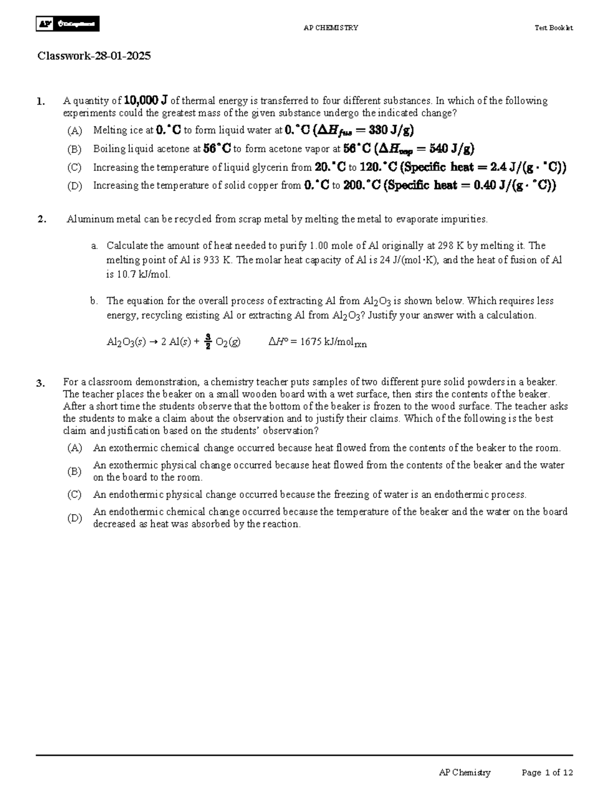 G12-AP Chem Homework-3 - A quantity of of thermal energy is transferred ...