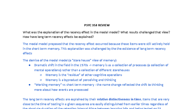 PSYC 350 Memory Exam 2 Notes: Recency Effect & Cognitive Training ...