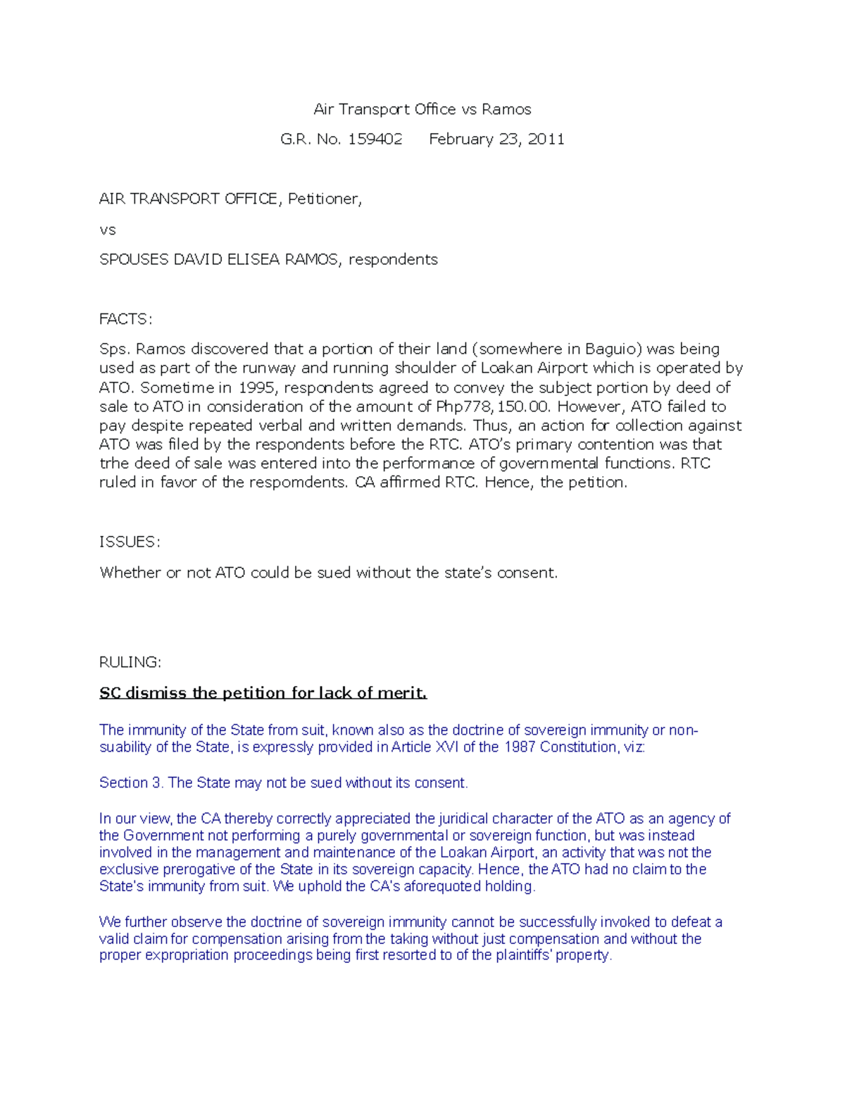 ATO vs Ramos: GR 159402 Case Ruling and Sovereign Immunity Analysis ...