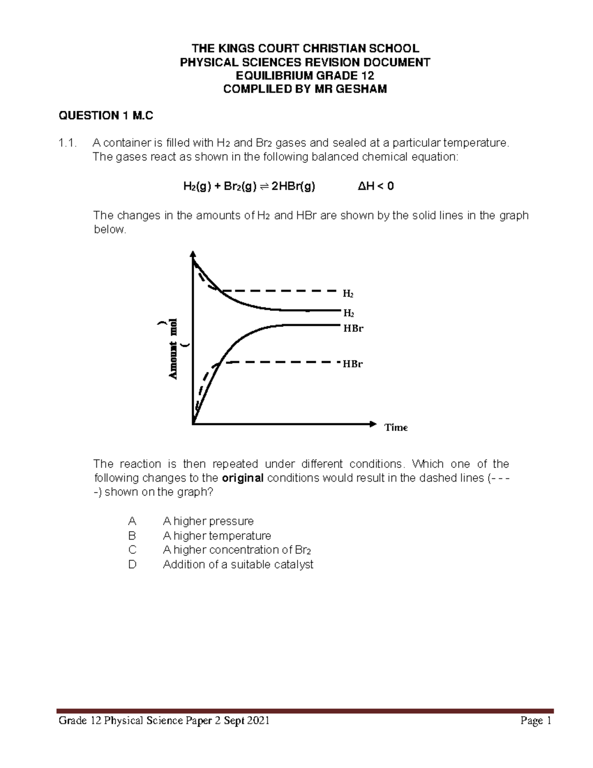 Grade 12 Physical Sciences Chemical Equilibrium Revision Qs - Studocu