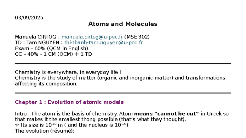 Atoms and Molecules (MSE 302) - Evolution of Atomic Models Exam Notes ...