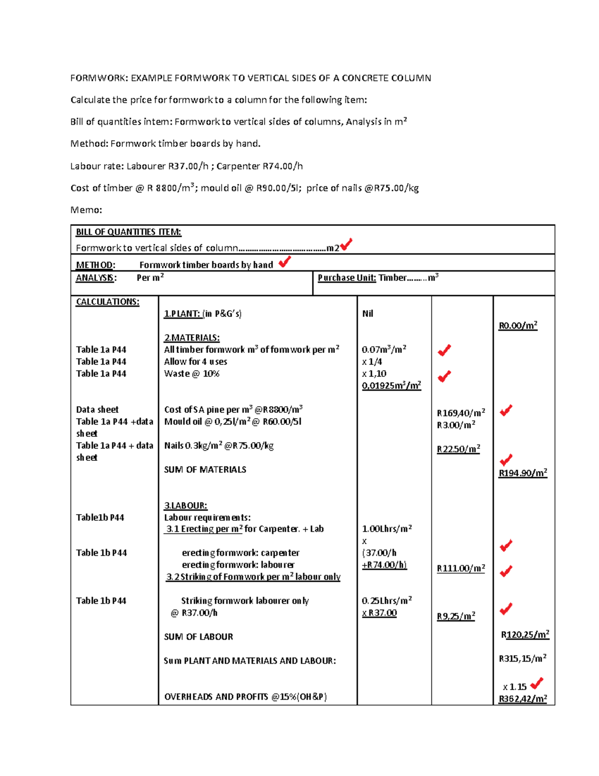 4.1 Formwork Estimation for Vertical Sides of Concrete Columns - Studocu