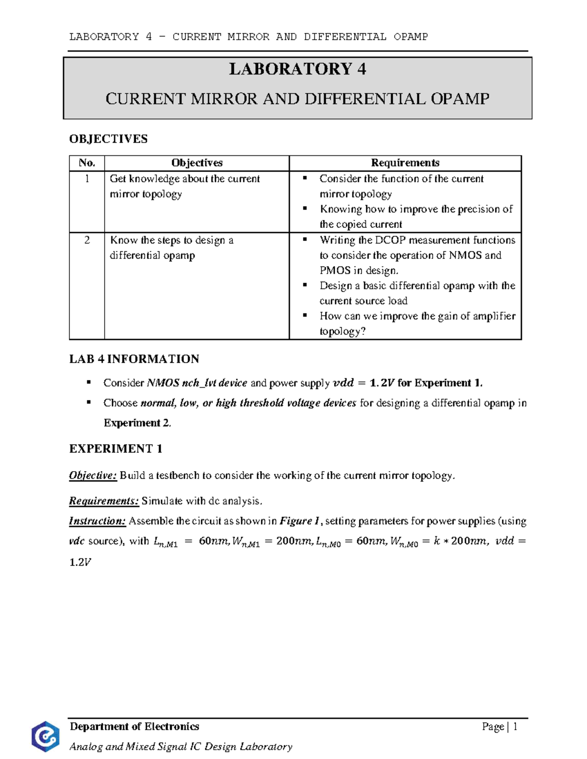 AMS LAB4 - Current mirror and differential opamp laboratory report ...