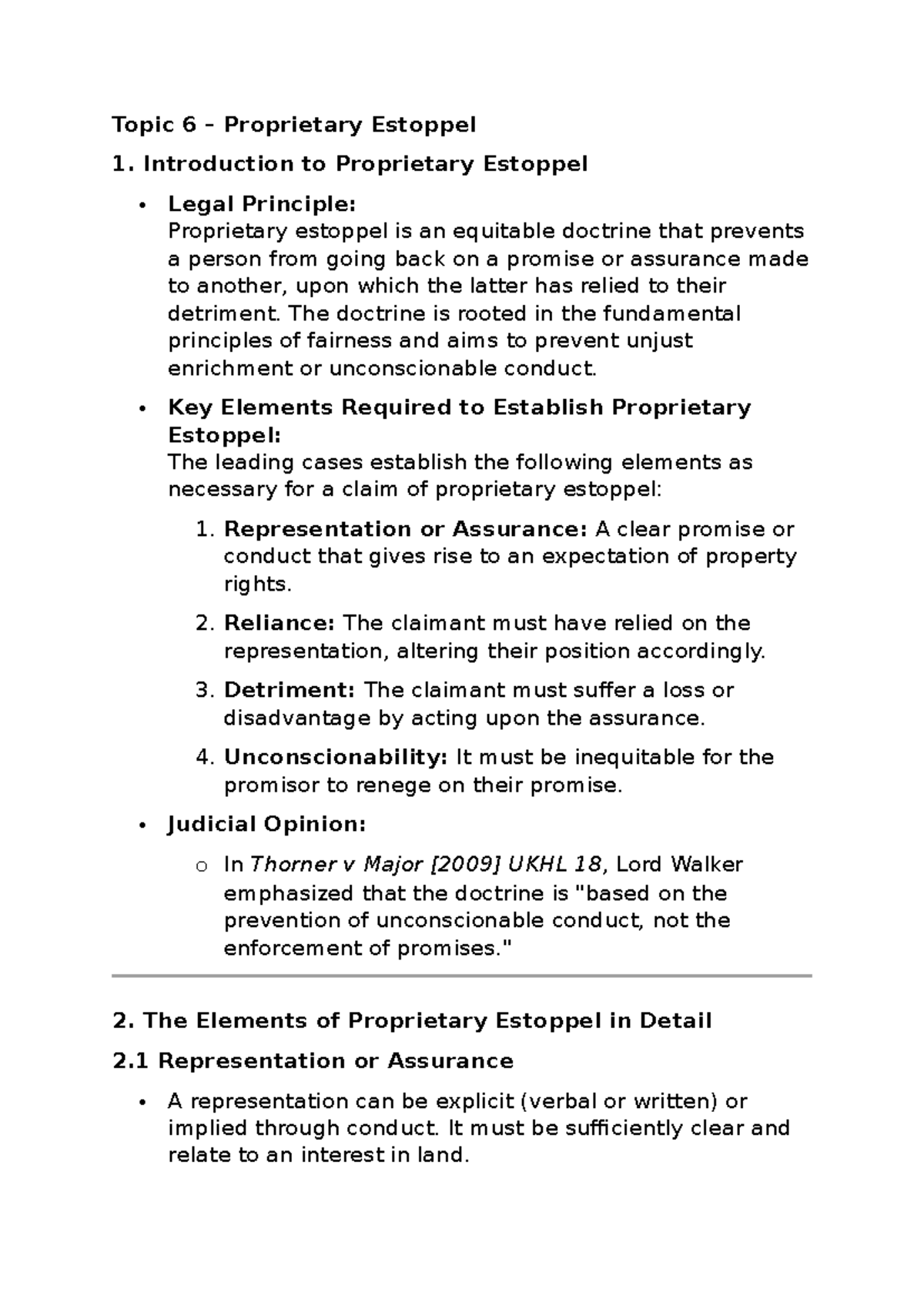 Topic 6: Proprietary Estoppel - Key Principles and Case Analysis - Studocu