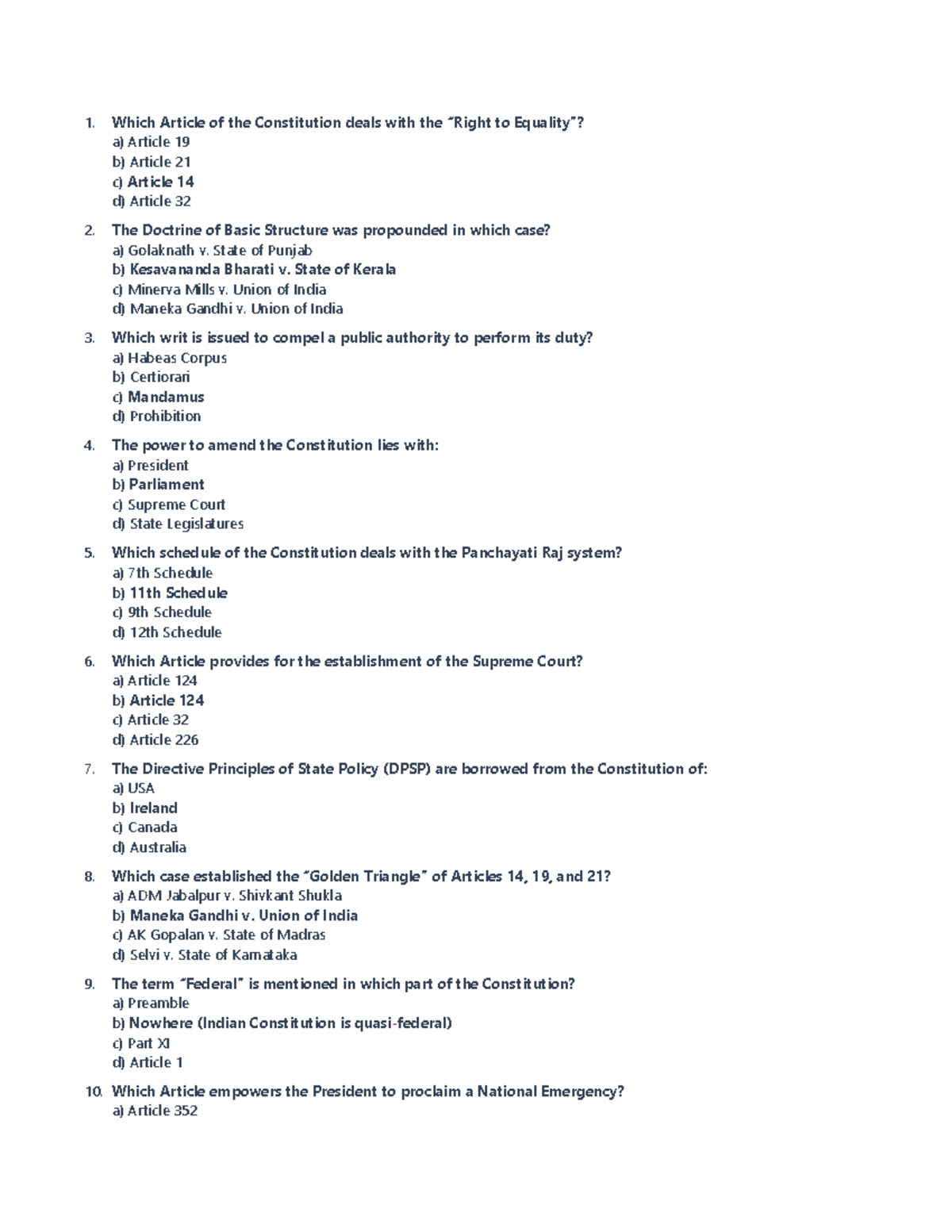 Constitution MCQs for AIBE: Key Articles and Landmark Cases - Studocu