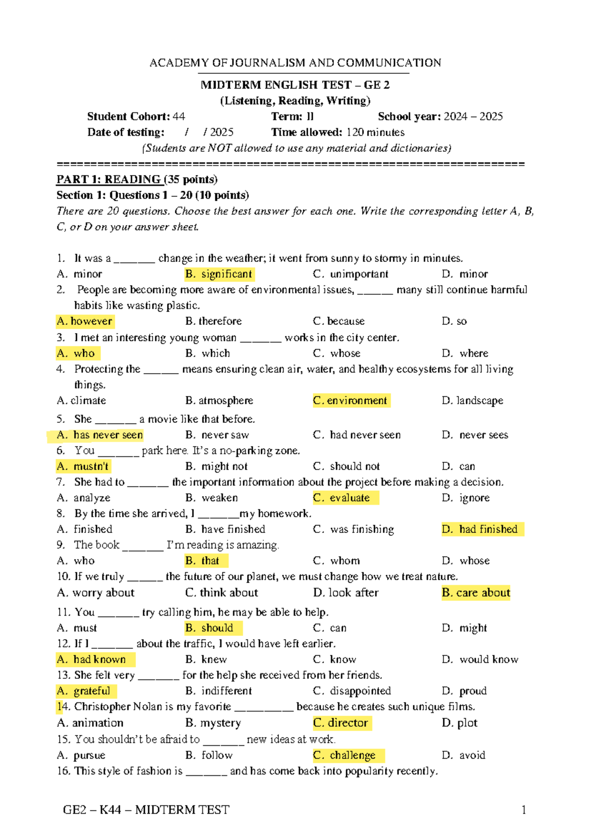 GE2 K44 Midterm English Test: Listening, Reading, and Writing - Studocu