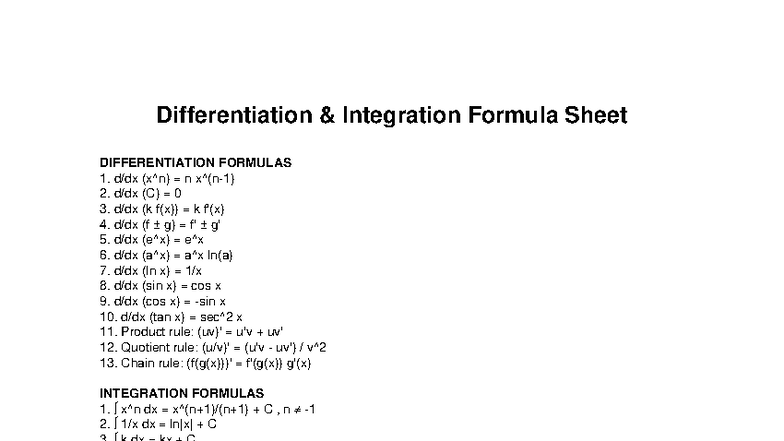 Calculus Formulas Sheet: Differentiation & Integration Guide - Studocu