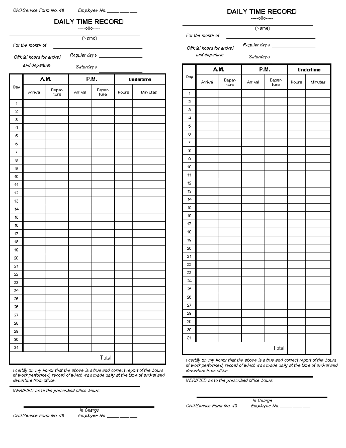 Civil Service Form No. 48: Daily Time Record Sample (DTR) - Studocu