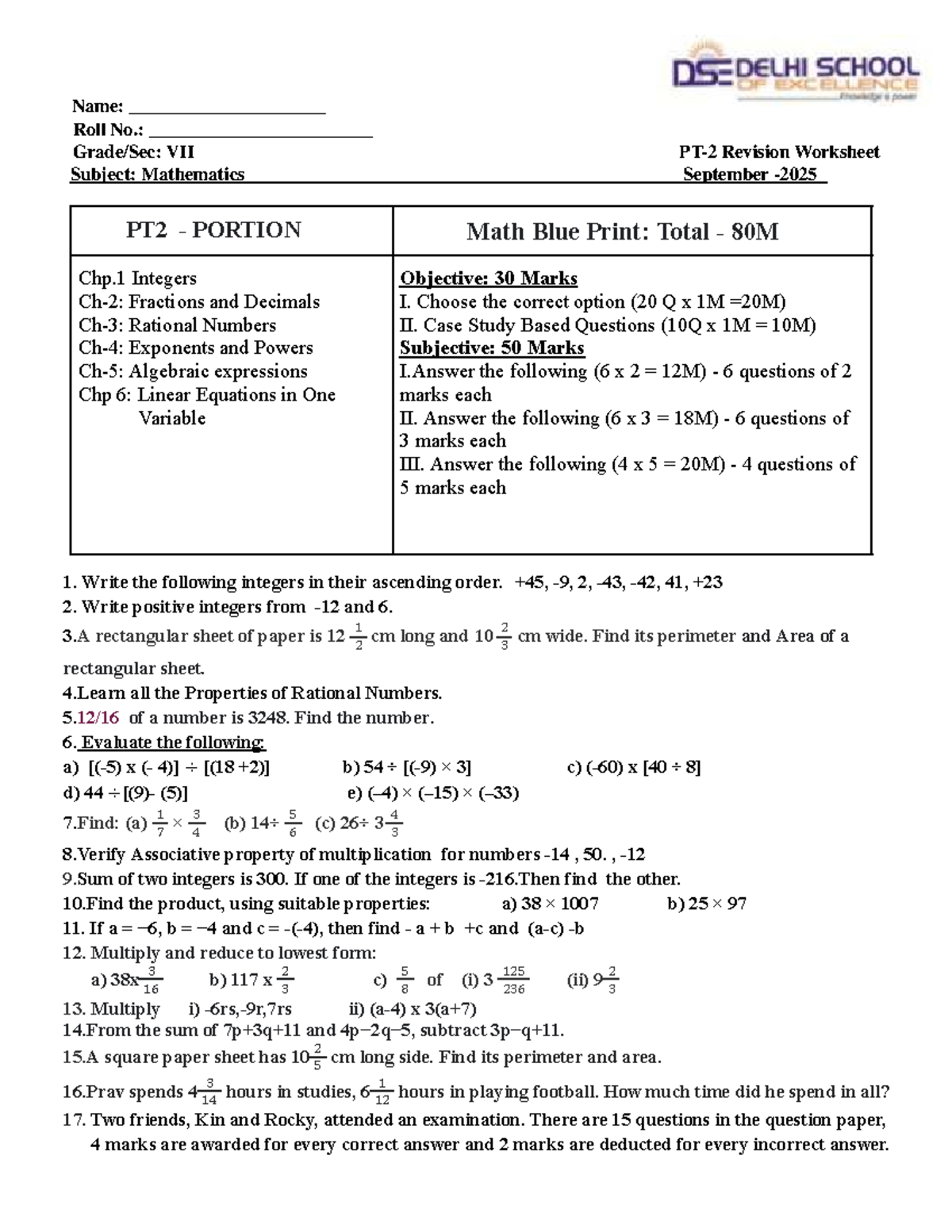Grade 7 Mathematics PT2 Revision Worksheet 2025-26 - Studocu