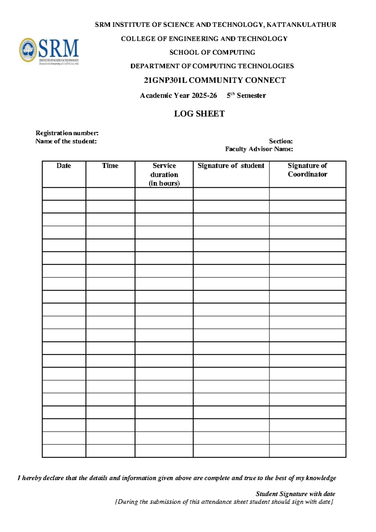 21GNP301L Log Sheet 2023-27 batch - SRM INSTITUTE OF SCIENCE AND ...