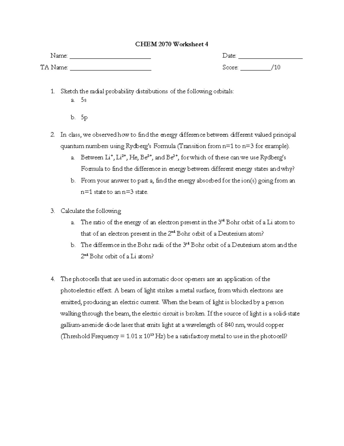 CHEM 2070 Discussion Worksheet 4: Quantum States & Photoelectric Effect ...