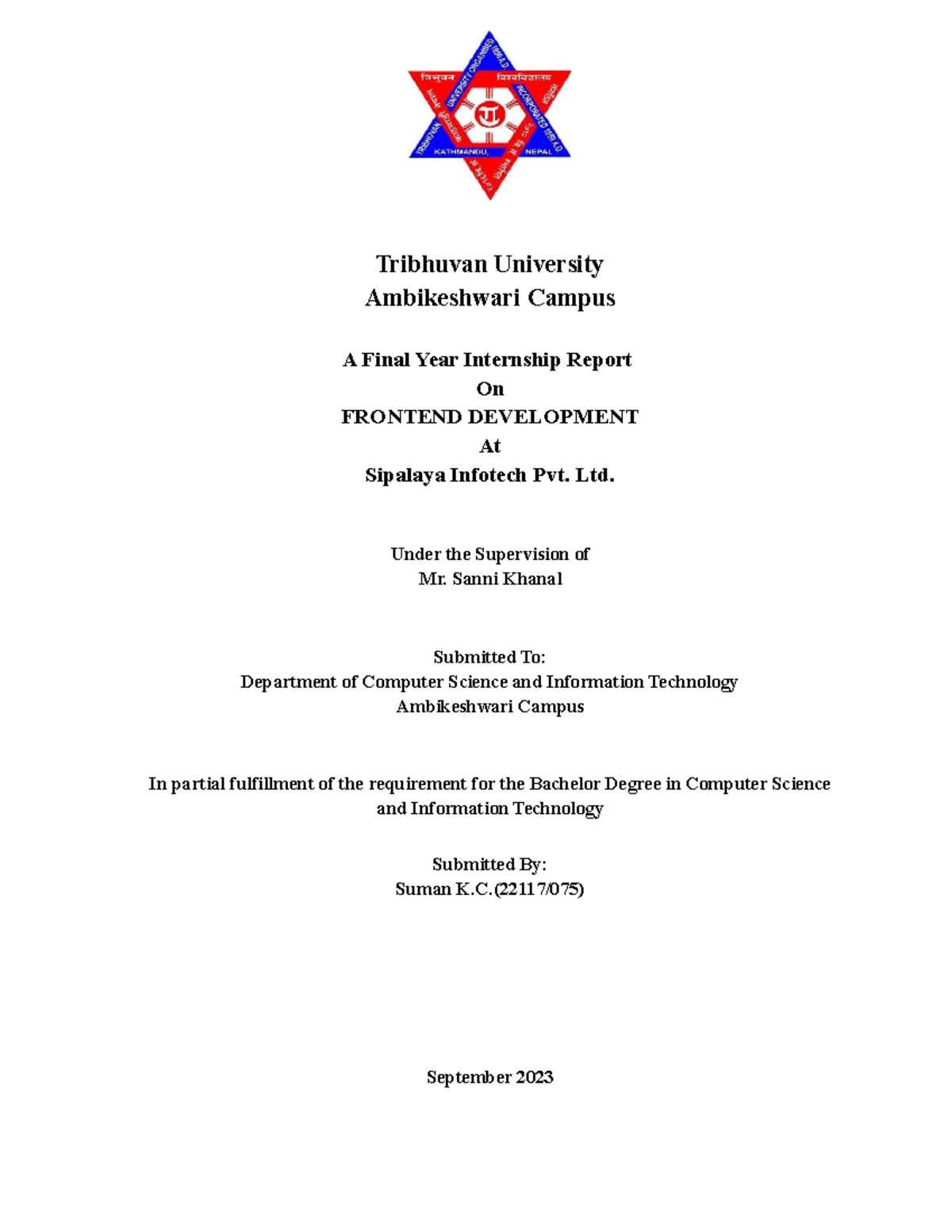 B.Sc. Internship Report: Frontend Development at Sipalaya Infotech - Studocu