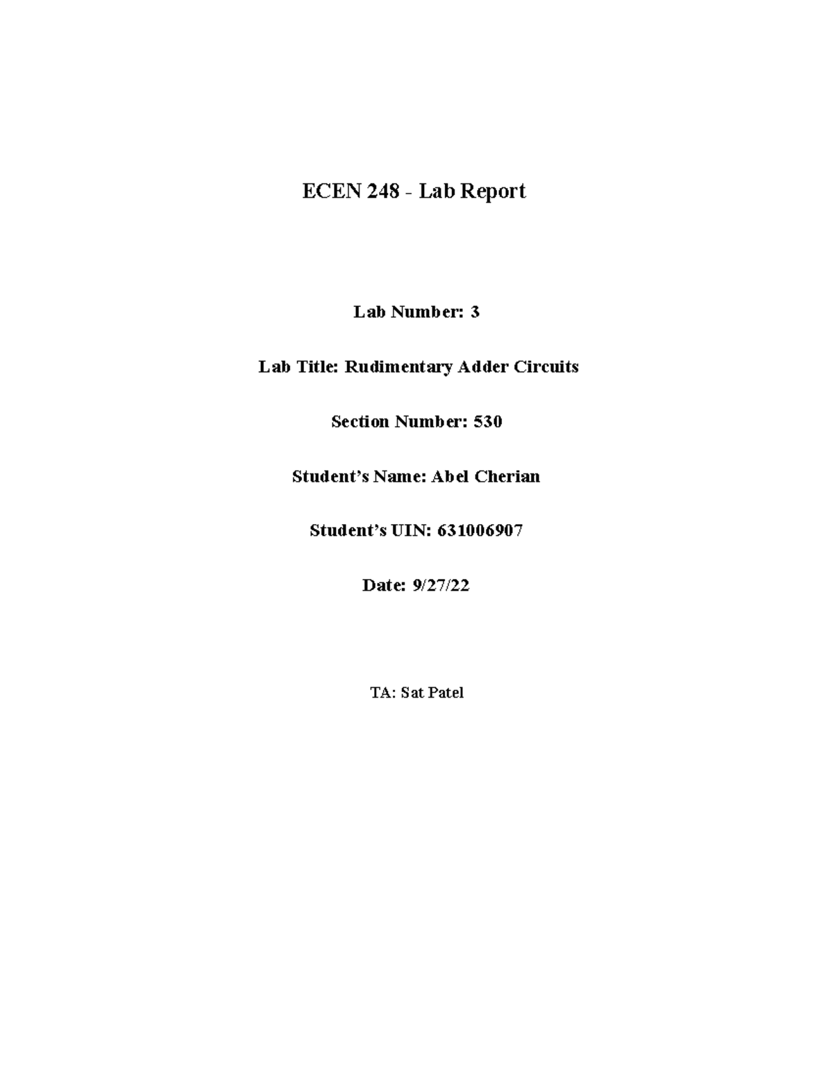 Lab 3 Report for ECEN 248: Designing Rudimentary Adder Circuits - Studocu