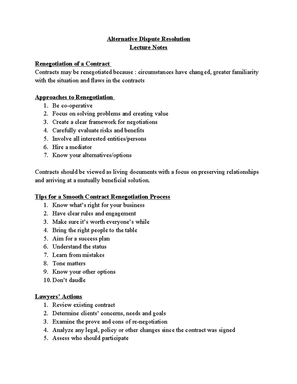 ADR 101: Lecture Notes on Contract Renegotiation Techniques - Studocu