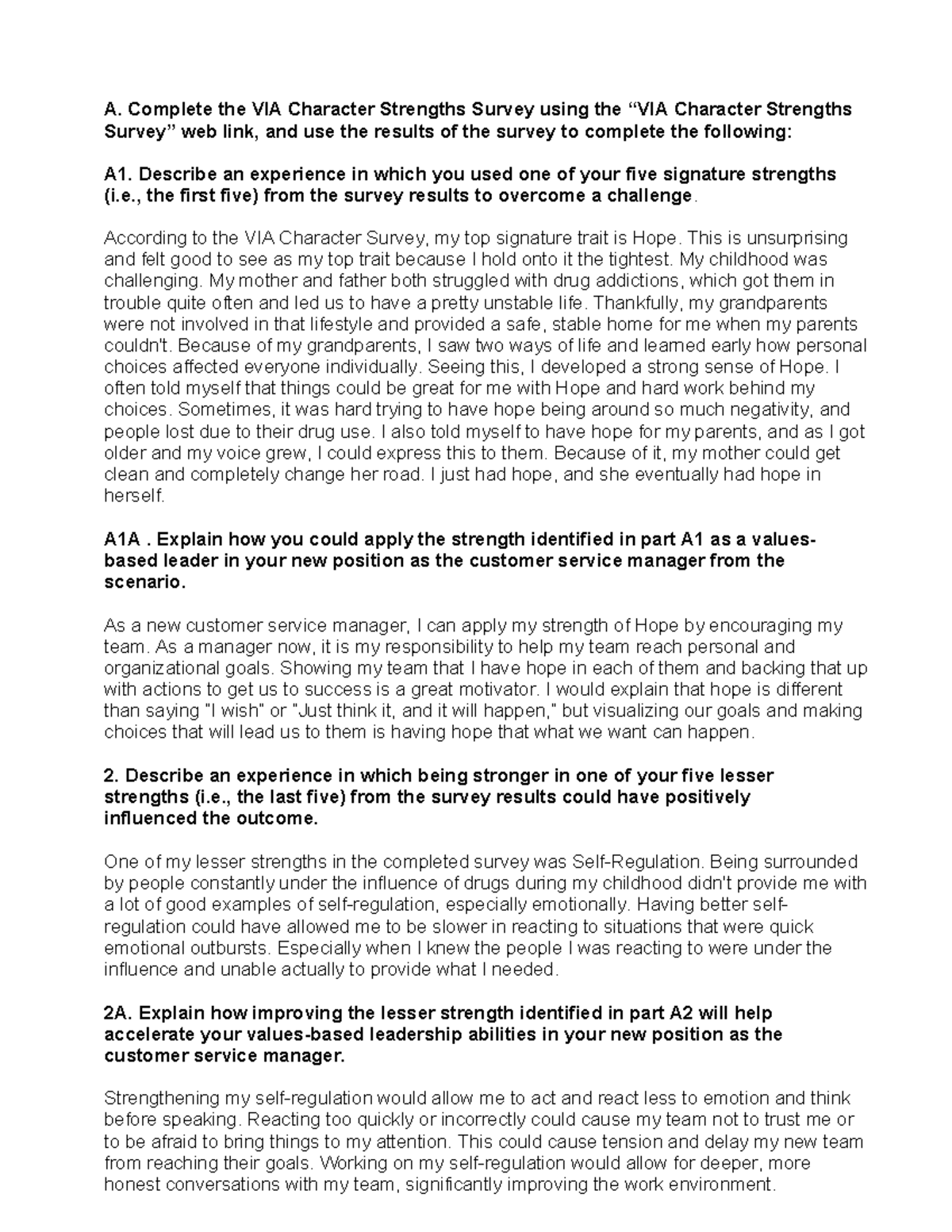 D253 Task 1 - VIA Character Strengths and Leadership Reflection - Studocu