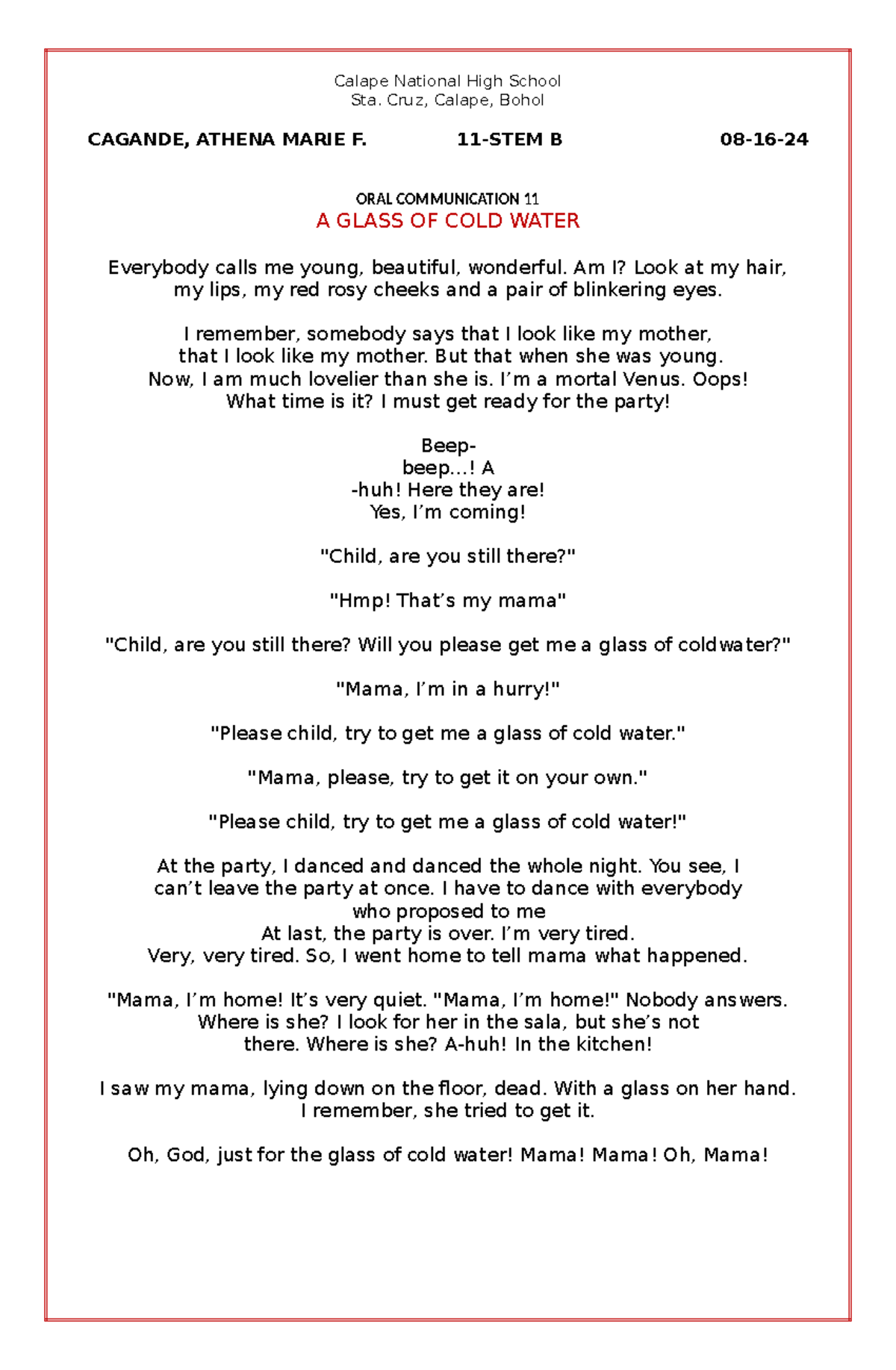 Oral Communication 11: A Glass of Cold Water - A Dramatic Monologue ...
