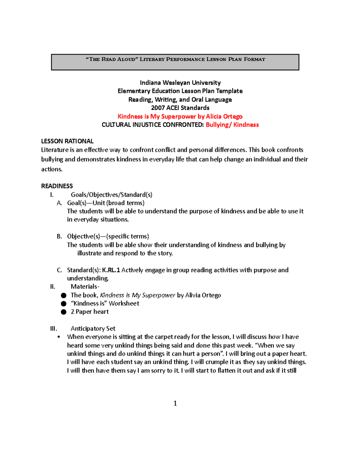 Read Aloud Lesson Plan: Confronting Bullying through Kindness - Studocu