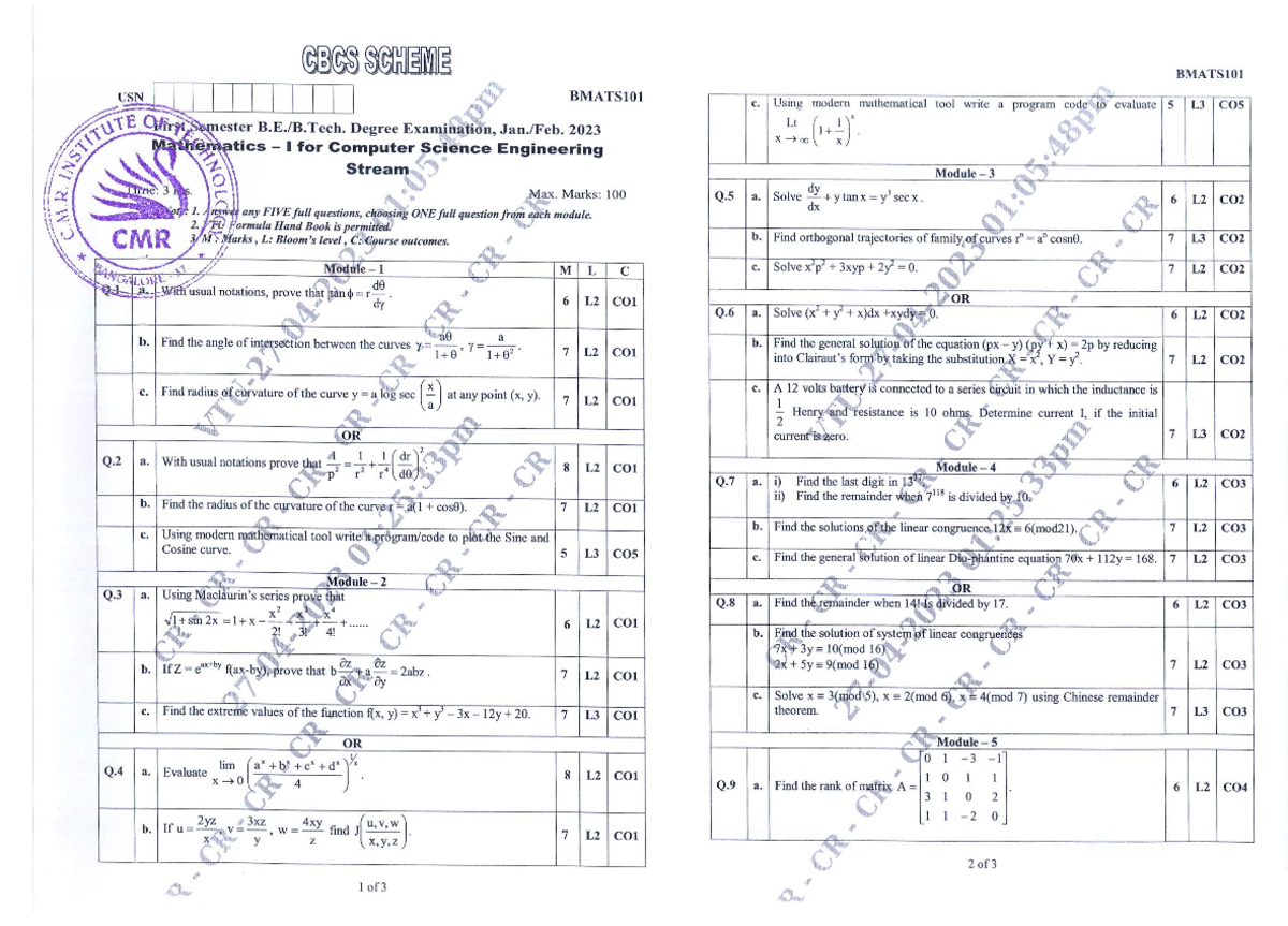 VTU Question Paper: BMATS101 Mathematics for CSE Stream - I Jan-Feb ...