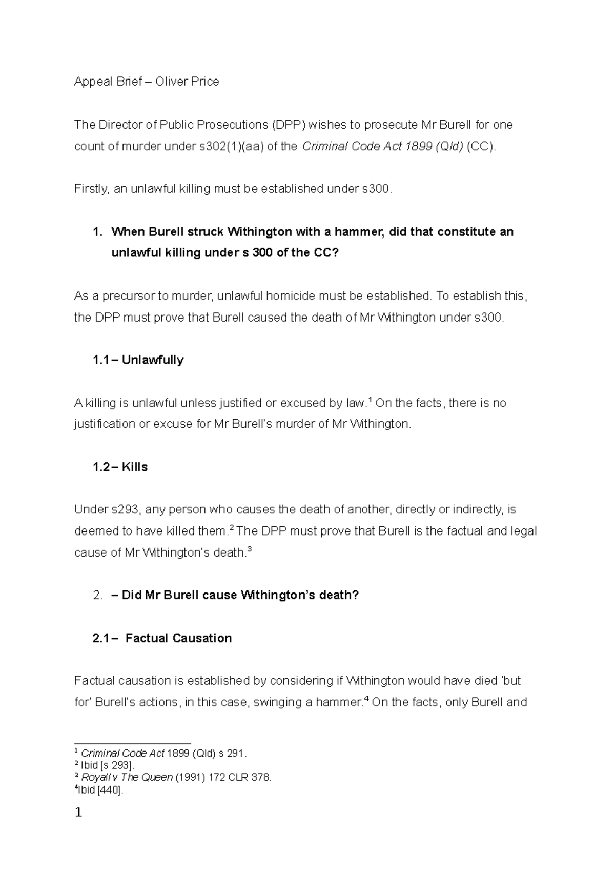 Appeal Brief: DPP v. Burell - Murder Charge Analysis (CC s302) - Studocu