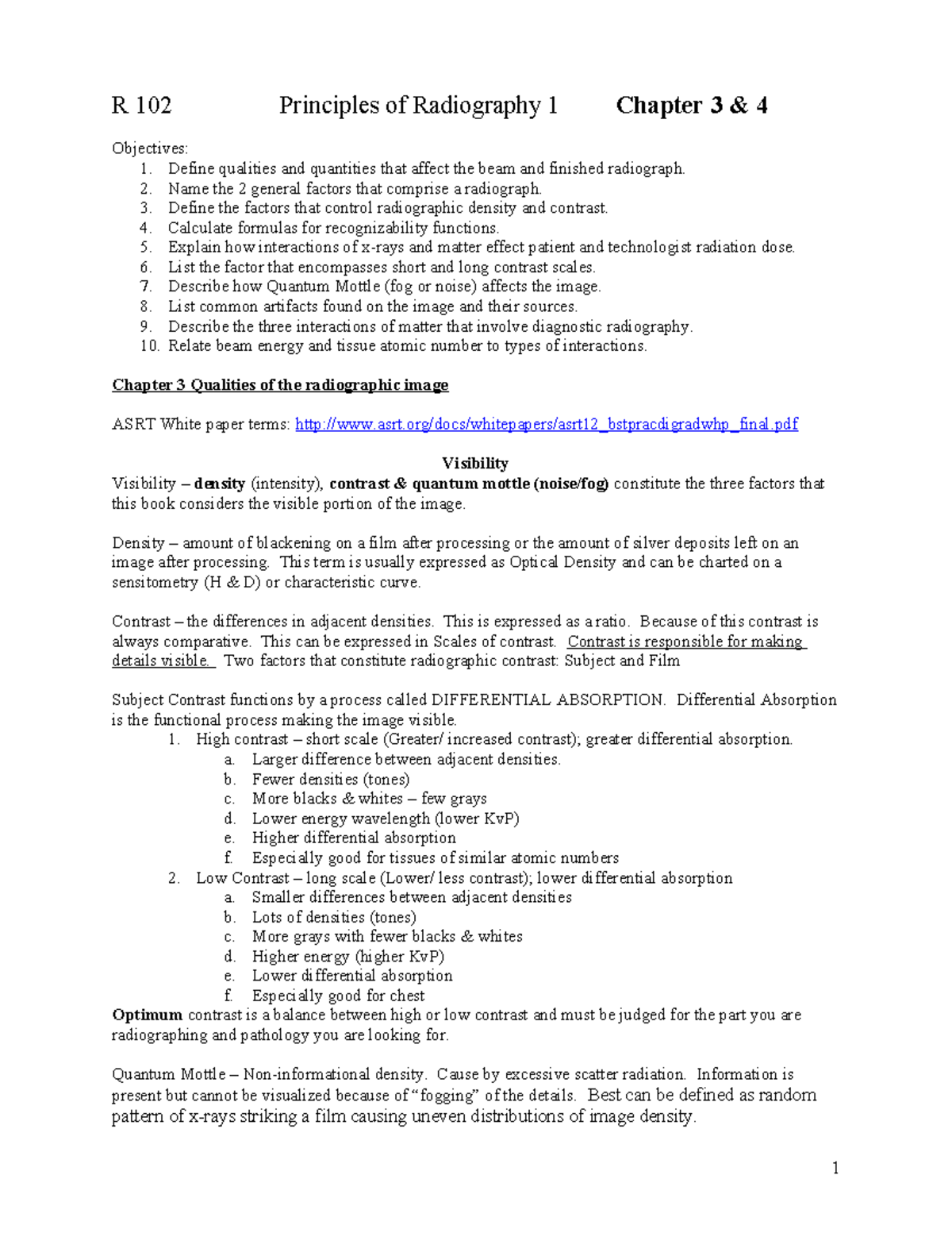 R 102 Principles of Radiography 1: Differential Absorption & Image ...