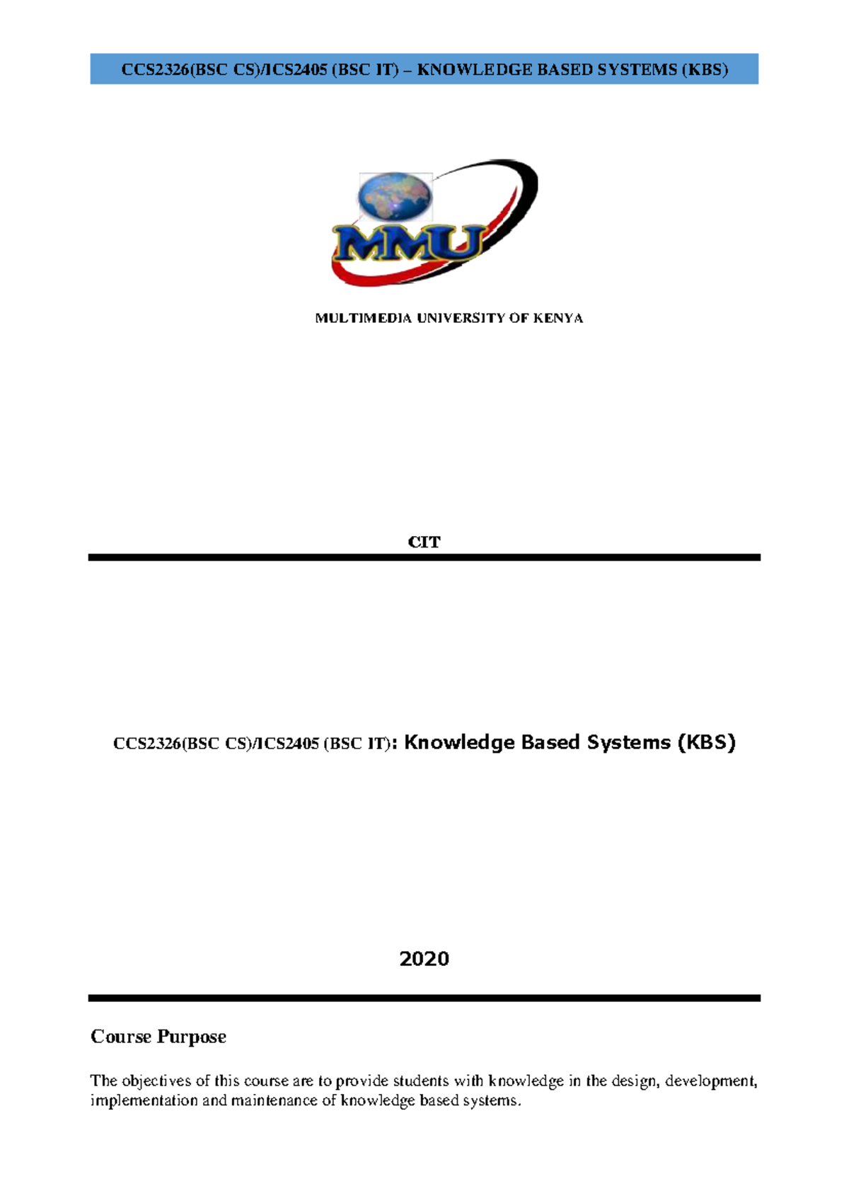 CCS2326(BSC IT) Knowledge Based Systems (KBS) Course Overview and ...