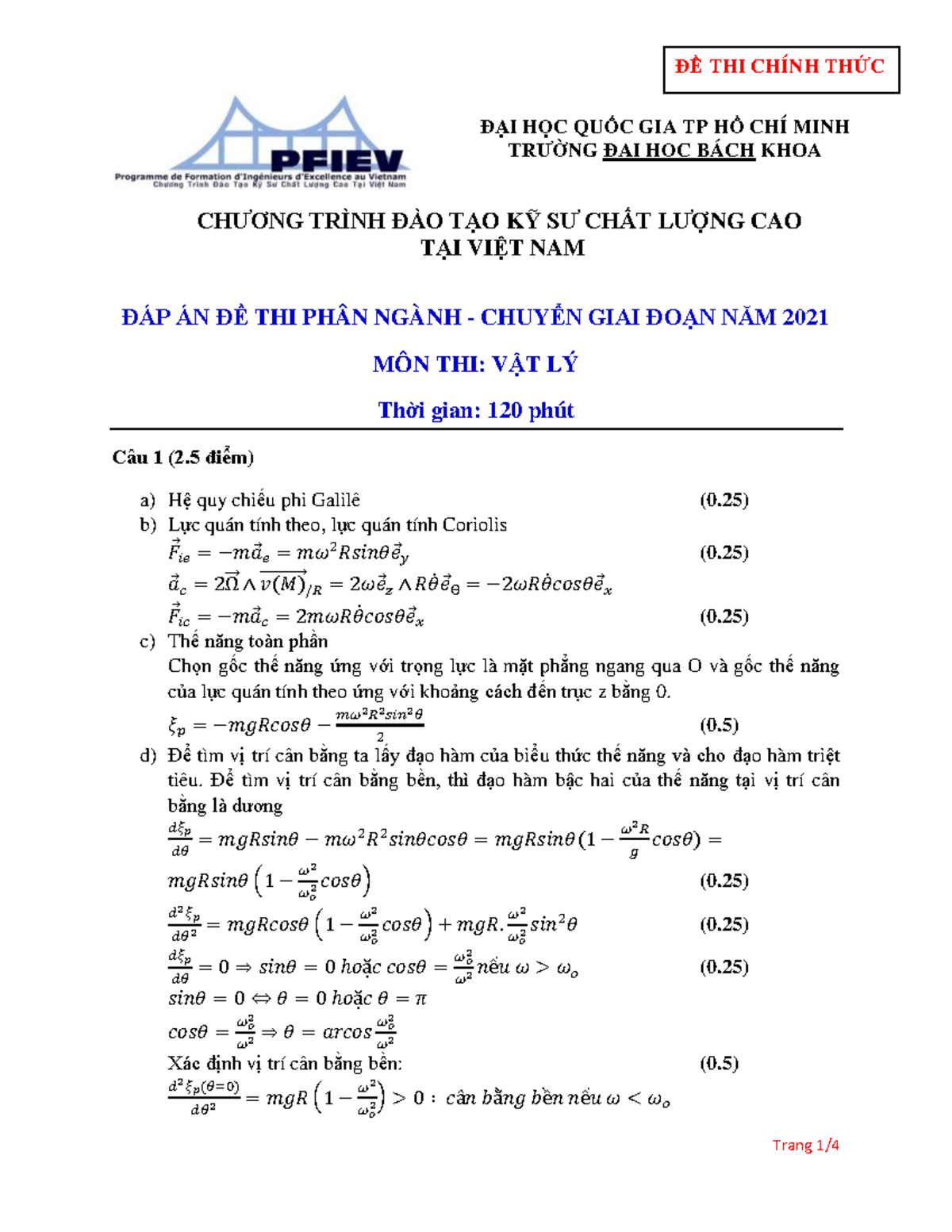 Pfiev 2021 Dap an mon Vatly - ĐẠI HỌC QUỐC GIA TP HỒ CHÍ MINH TRƯỜNG ...