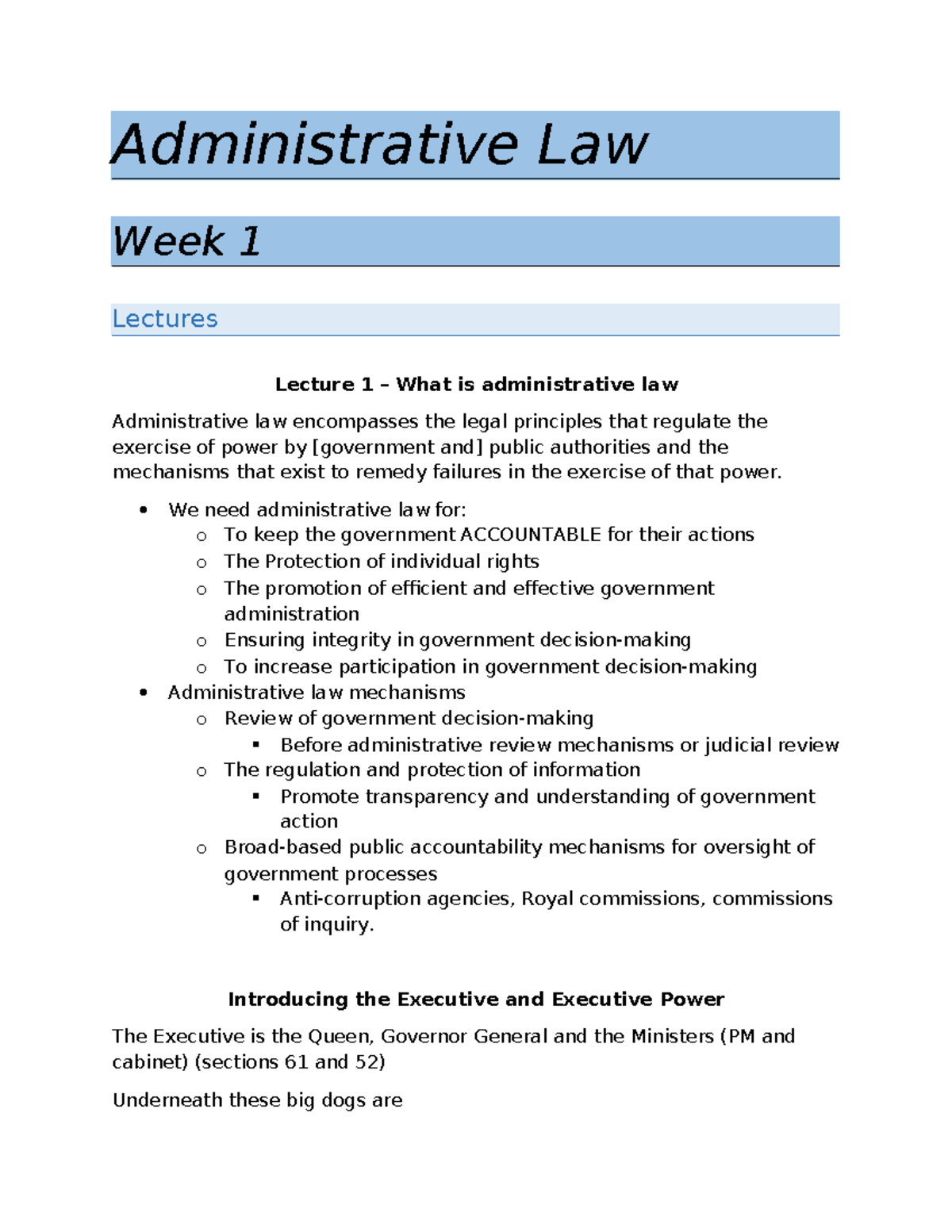 Administrative Law (LAW101) Week 1-3 Lecture Notes and Key Concepts ...