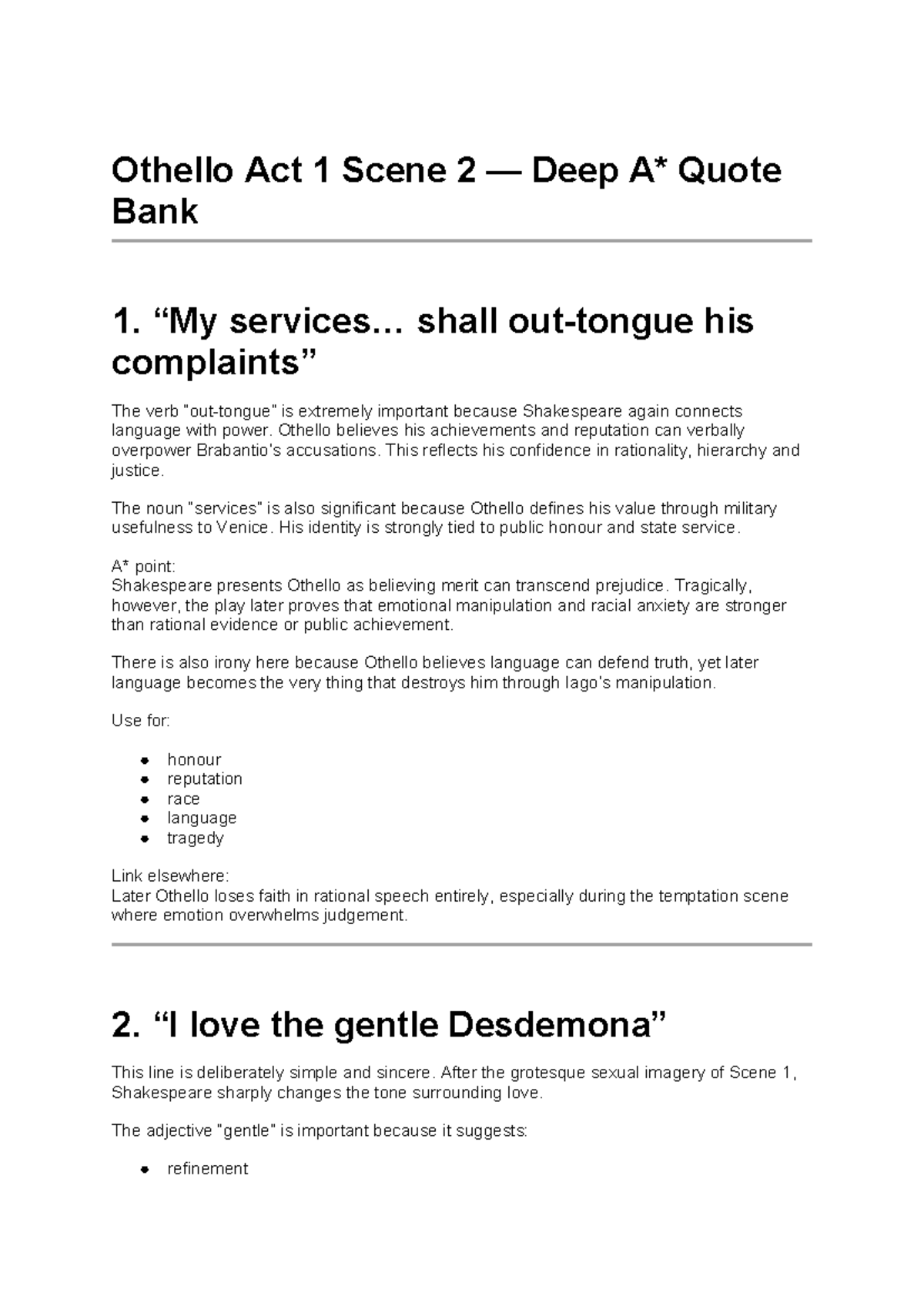 Othello (ENG 101) Act 1 Scene 2 — In-Depth Quote Analysis - Studocu