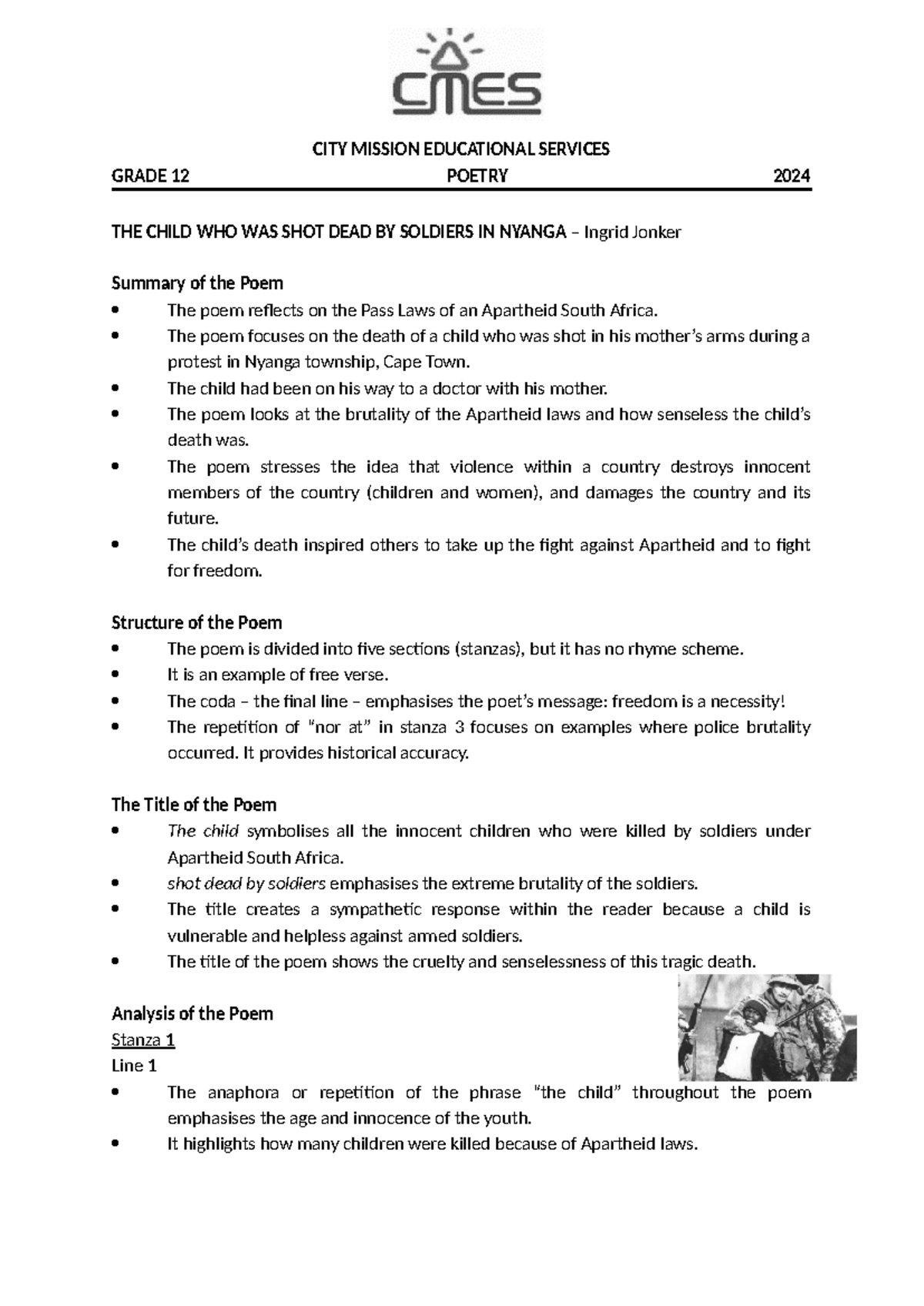 Grade 12 Poetry Notes: Analyzing "The Child Who Was Shot" - Studocu